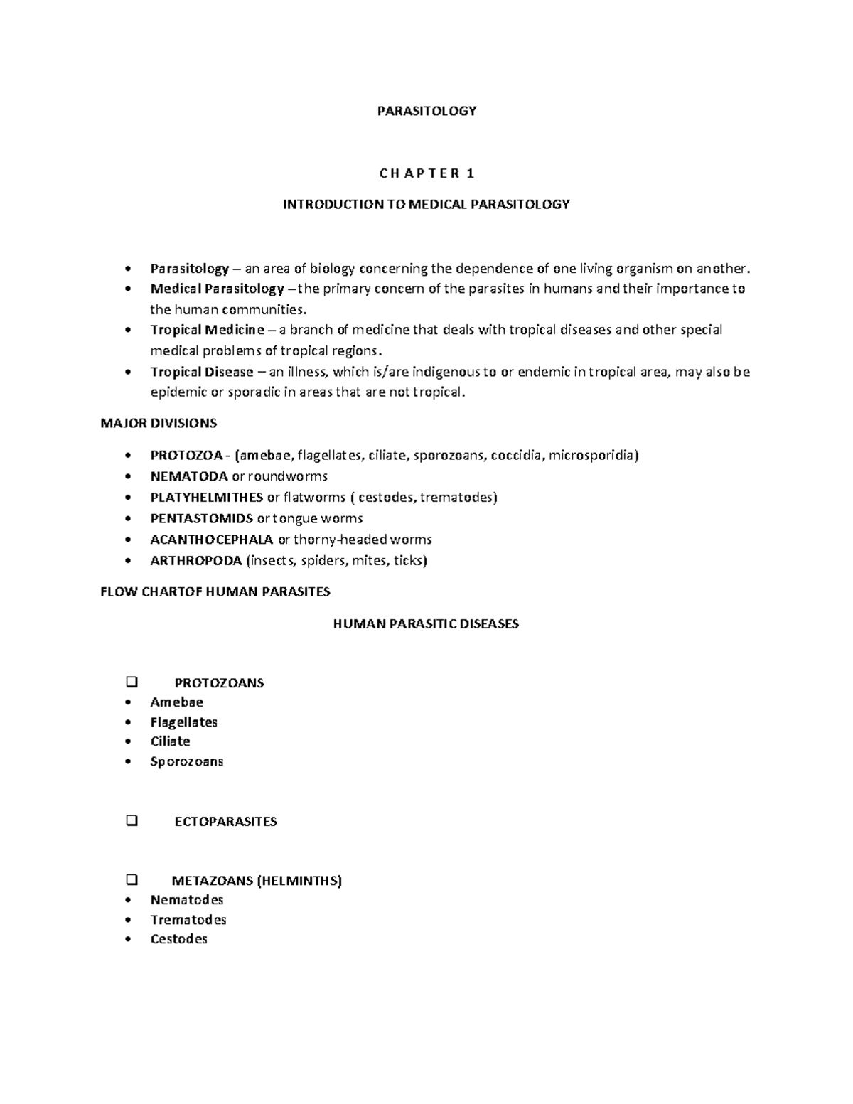 Chapter 1-Parasitology - PARASITOLOGY C H A P T E R 1 INTRODUCTION TO MEDICAL PARASITOLOGY - Studocu
