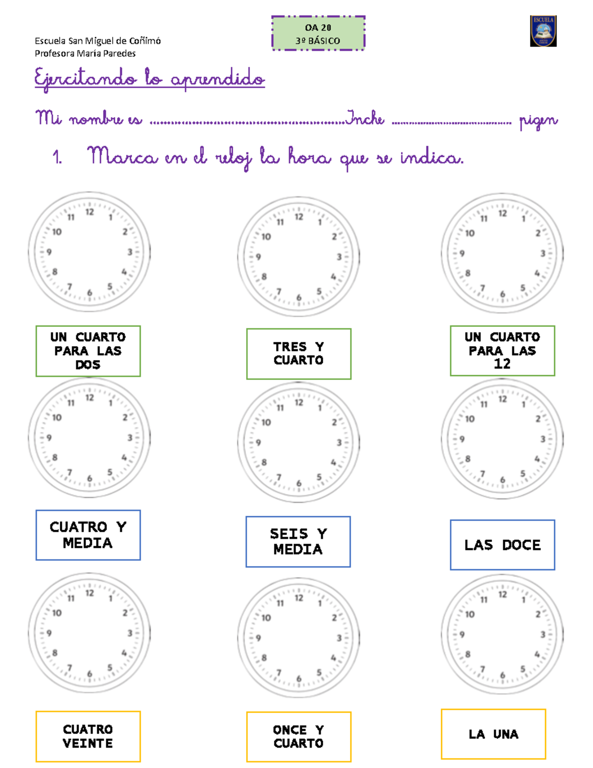 Matematicas Reloj Analogo - Escuela San Miguel de Coñimó Profesora ...