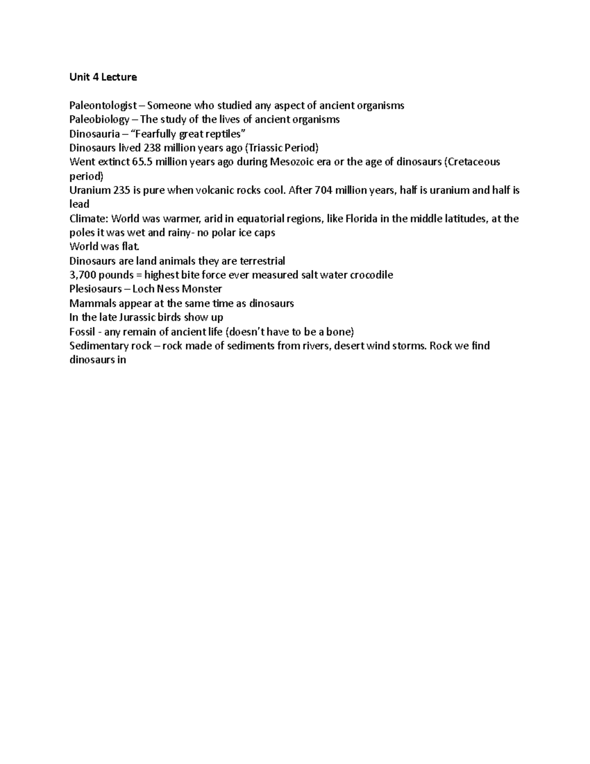 Unit 4 Lecture - Unit 4 Lecture Paleontologist Someone who studied any ...