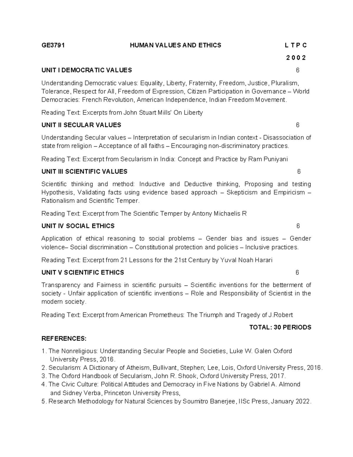 GE3791- Human Values AND Ethics - GE3791 HUMAN VALUES AND ETHICS L T P ...