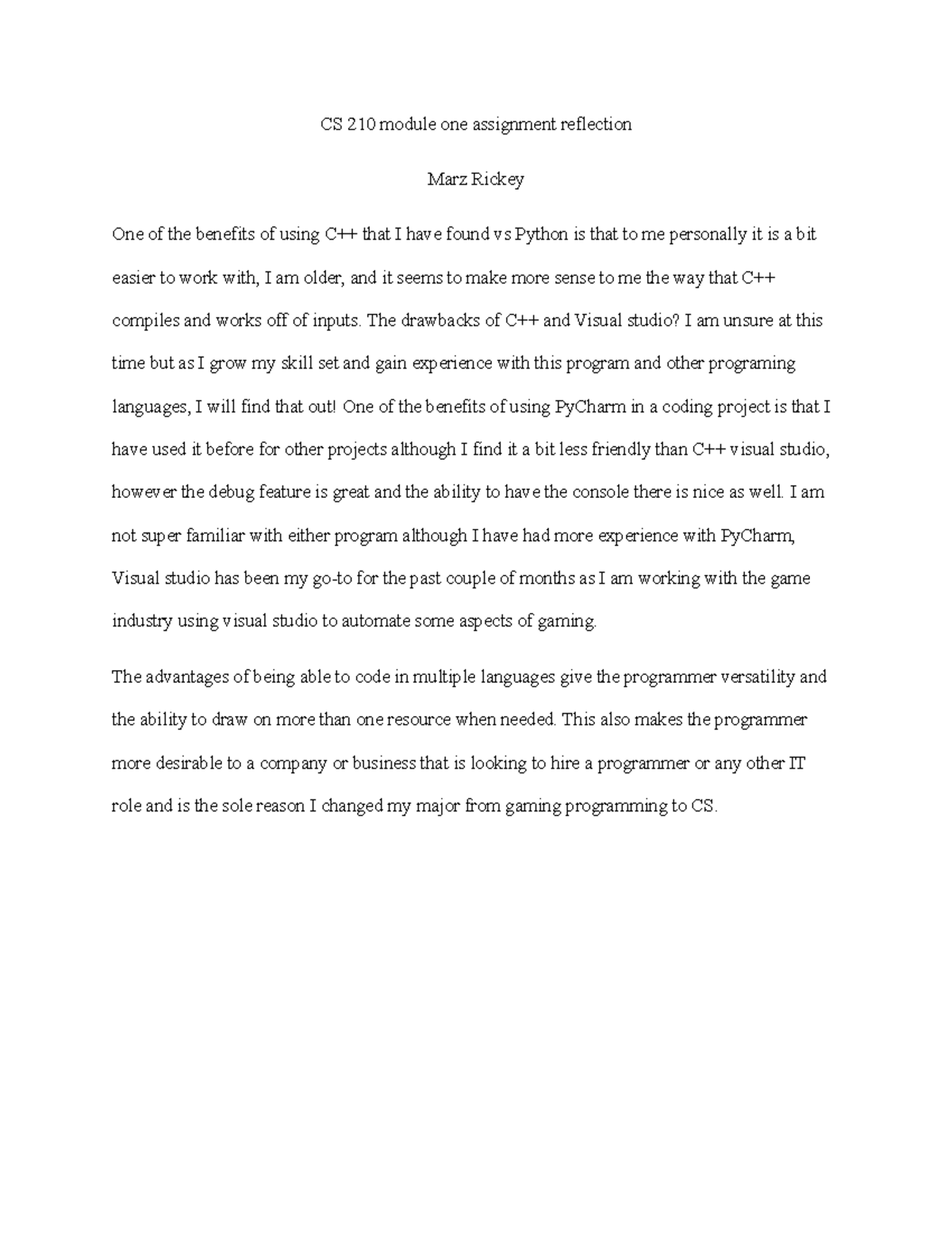 1-5 reflection - 1-5 Relfection CS 210 - CS 210 module one assignment ...