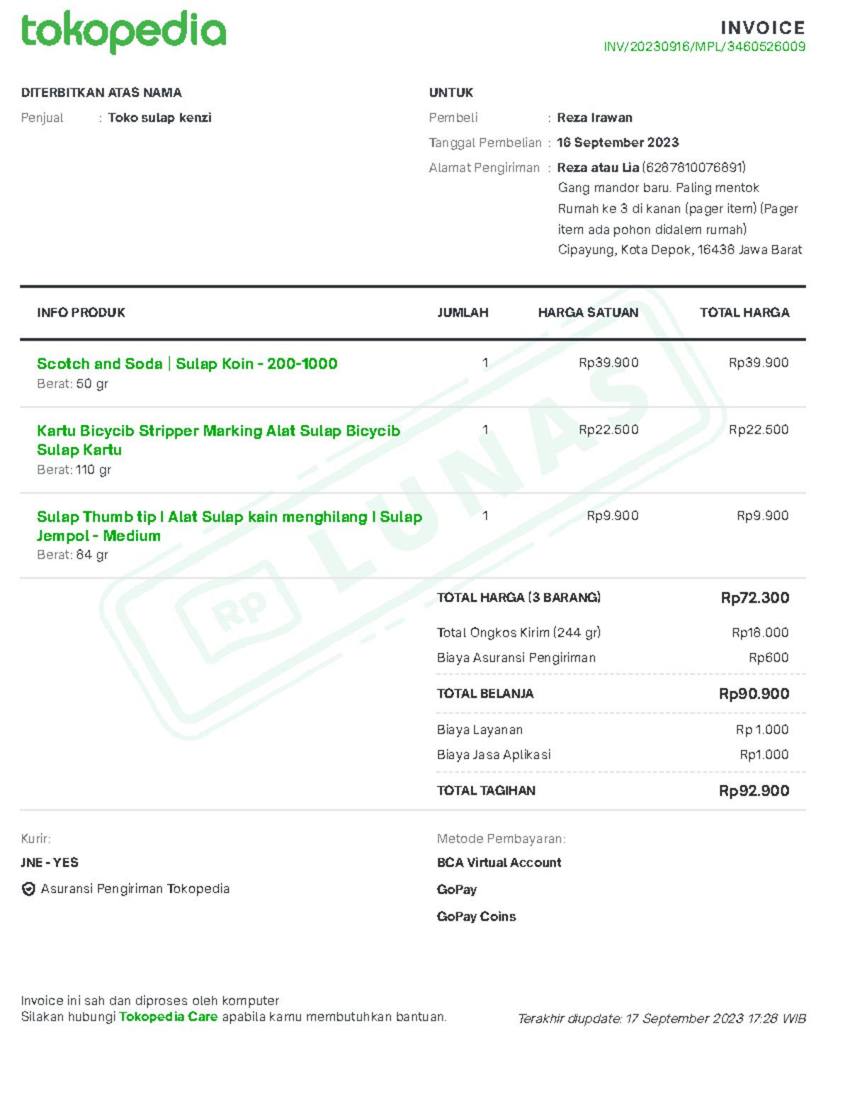 Invoice-1666449144 - make file - INV/20230916/MPL/ DITERBITKAN ATAS NAMA Penjual : Toko sulap ...