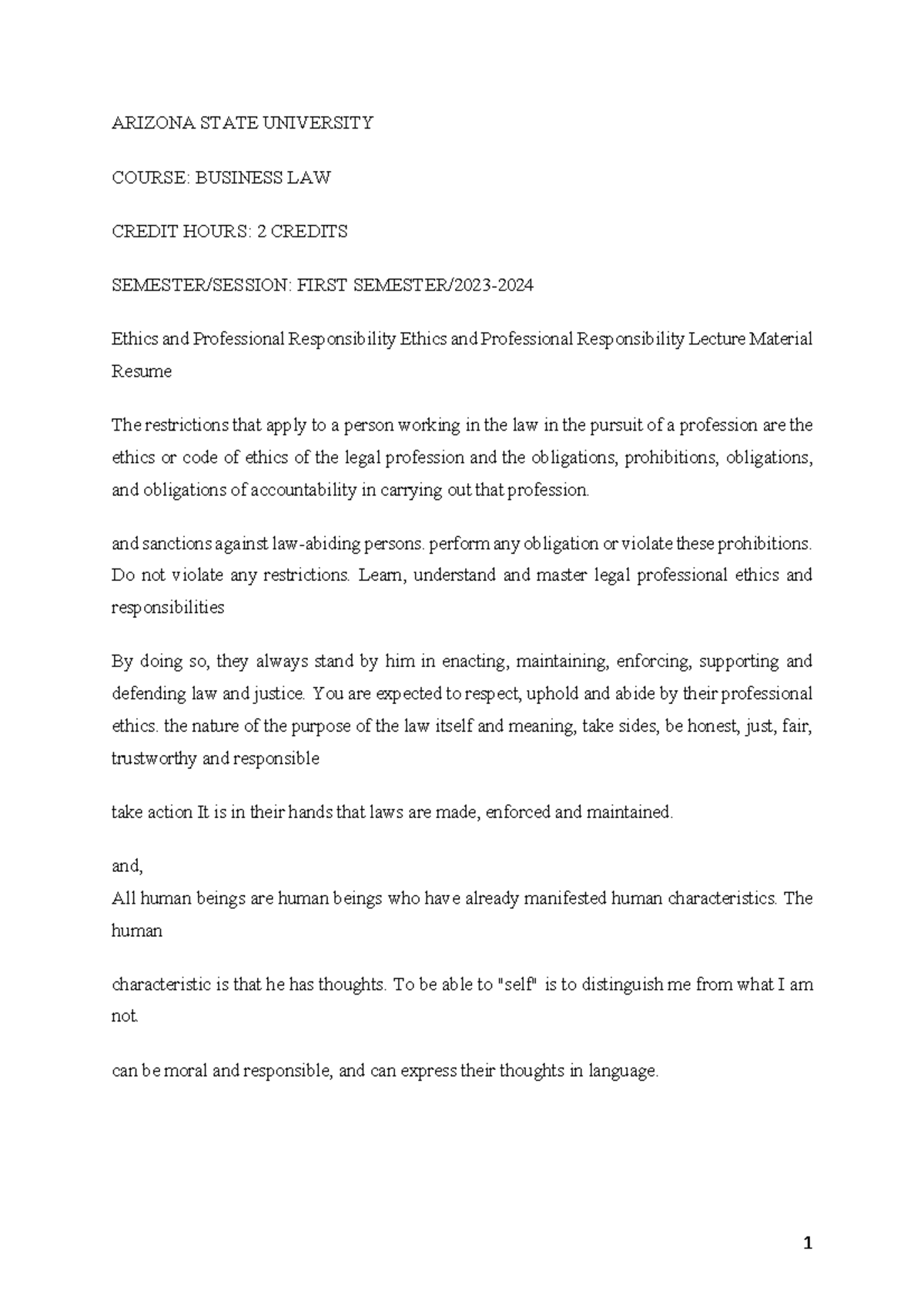 Economic Law-Ethics and Professional - ARIZONA STATE UNIVERSITY COURSE ...