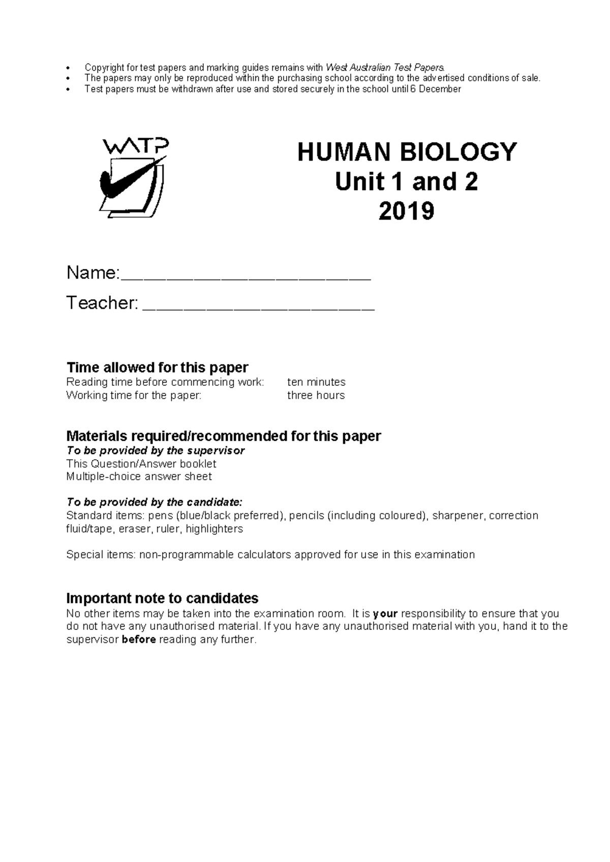 2019 human biology u1-2 - Copyright for test papers and marking guides ...