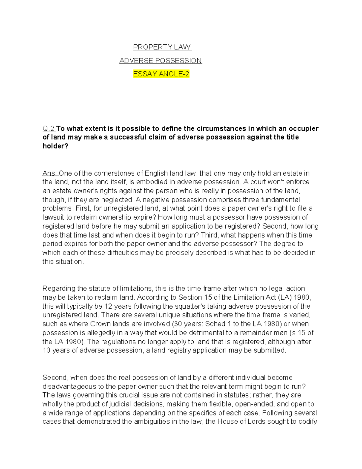Property Law (Adverse Possession Essay Angle-2) - PROPERTY LAW ADVERSE ...