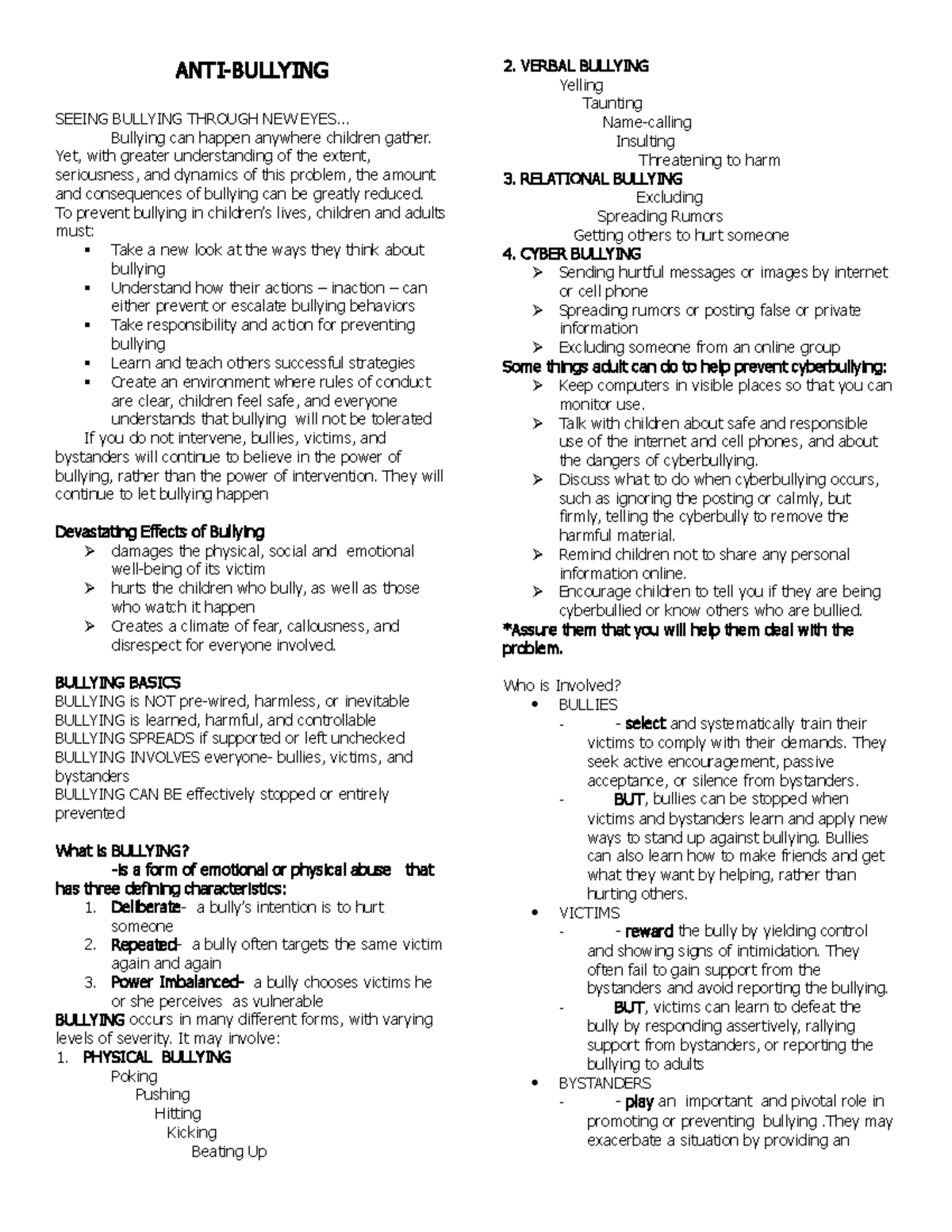 ANTI- Bullying fact sheets - ANTI-BULLYING SEEING BULLYING THROUGH NEW EYES... Bullying can ...