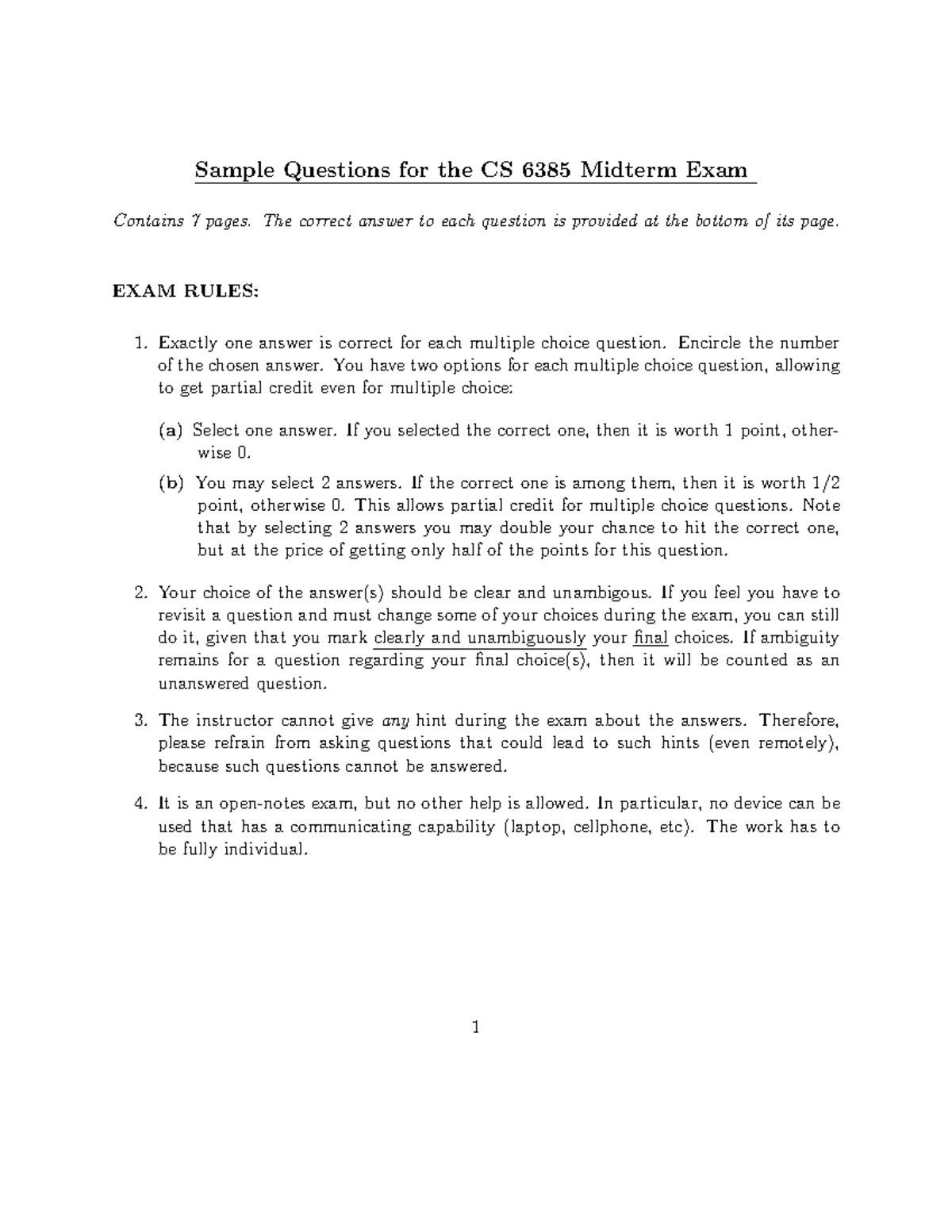 Sample midterm - Sample Questions for the CS 6385 Midterm Exam Contains ...