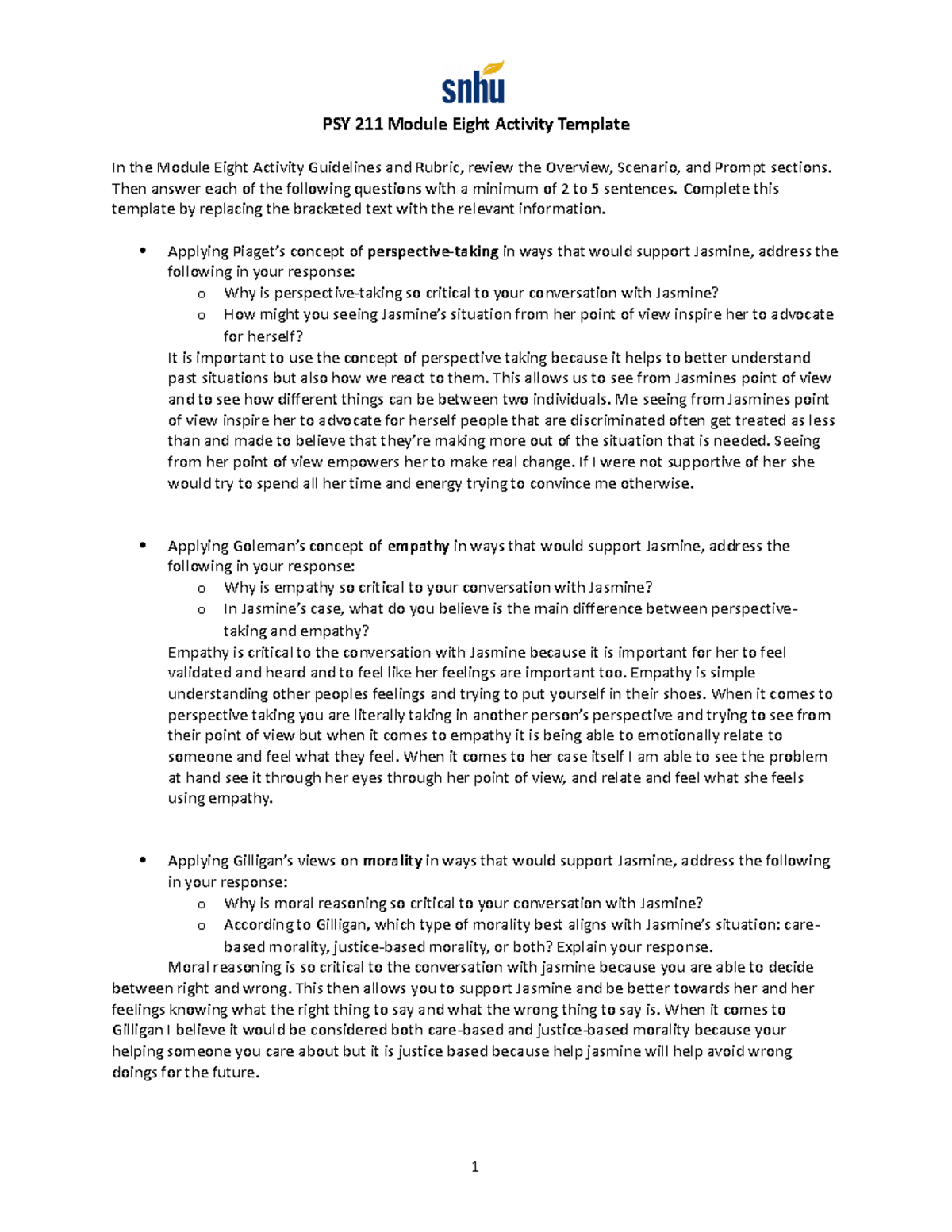 PSY 211 Module Eight Activity Template - Then answer each of the ...