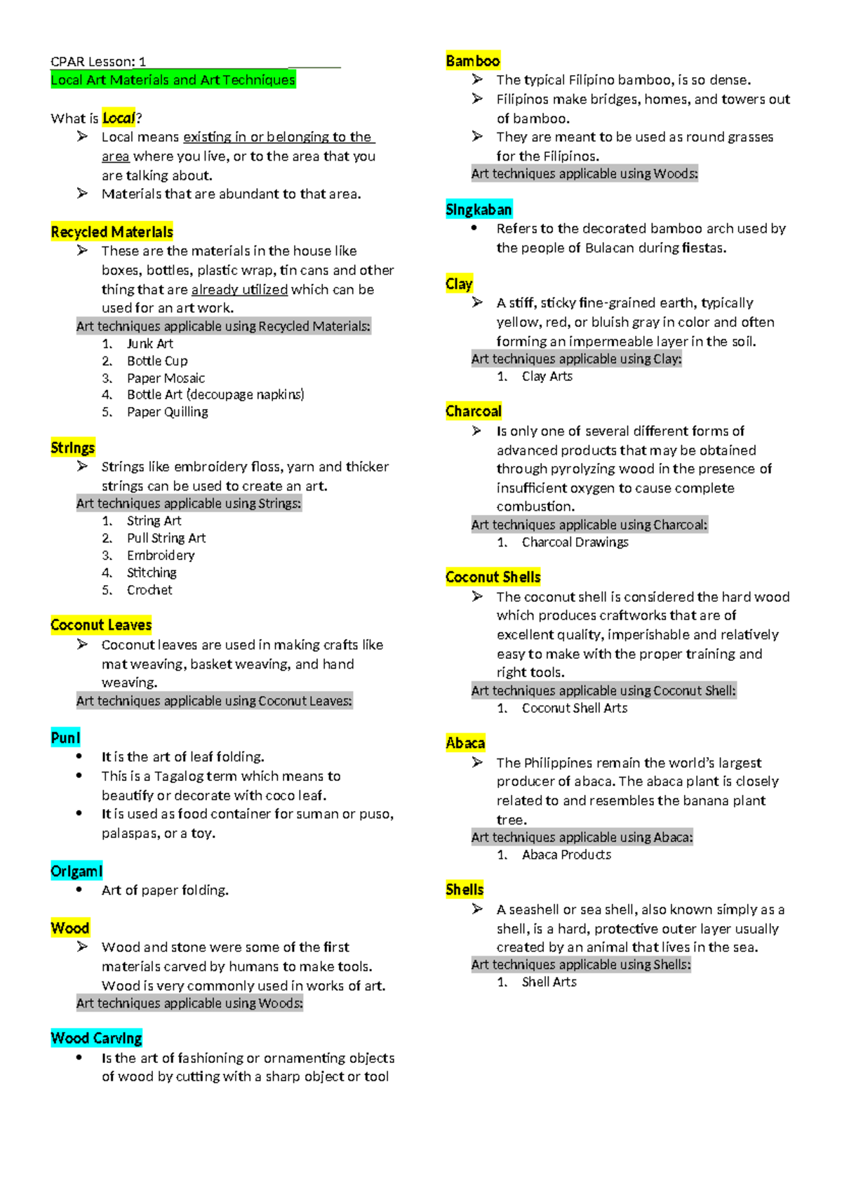 CPAR Q2 - notes - CPAR Lesson: 1 Local Art Materials and Art Techniques ...