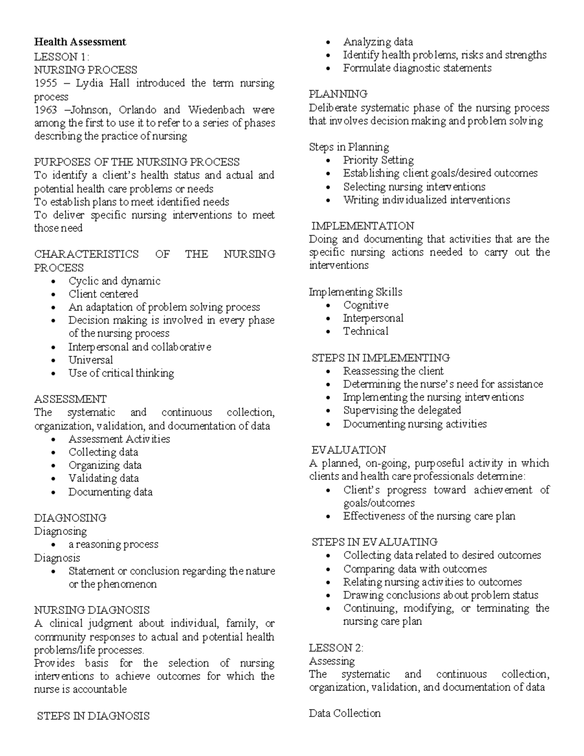 File - lecture notes - Health Assessment LESSON 1: NURSING PROCESS 1955 ...