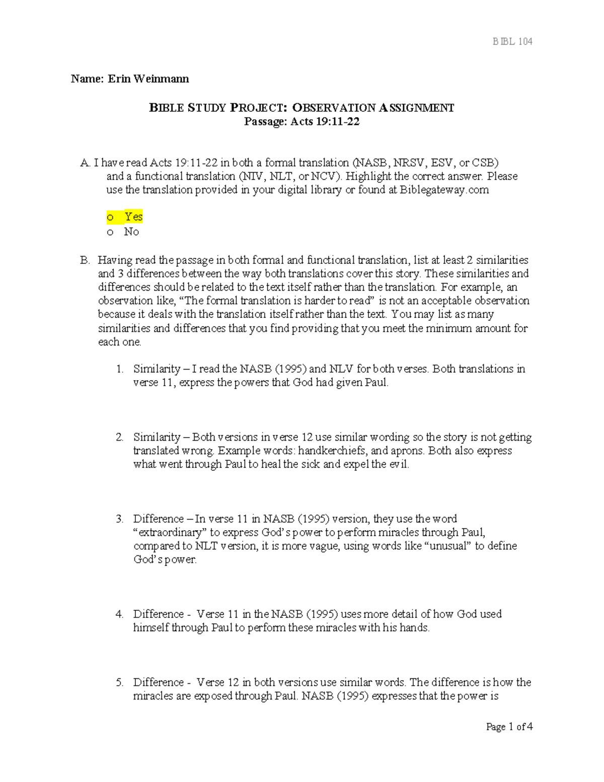 Bible Study Project Observation Assignment - Name: Erin Weinmann BIBLE ...