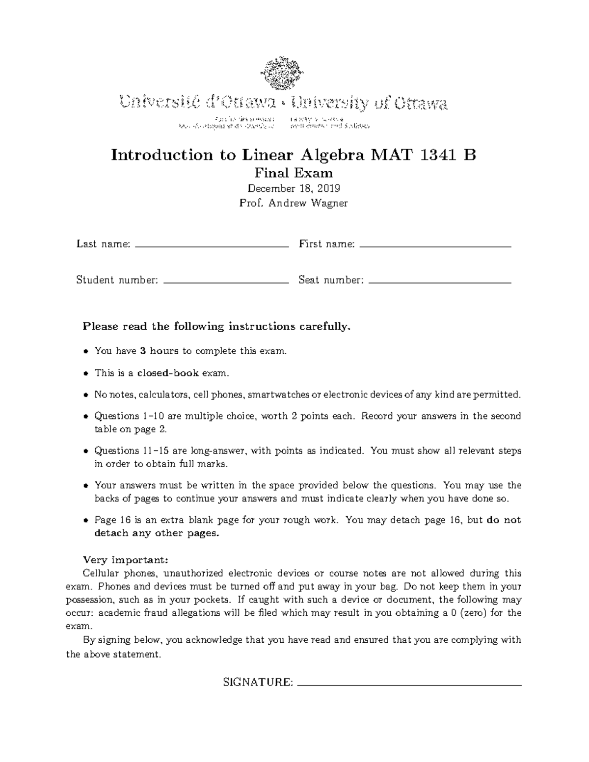 MAT1341 B Final Exam - Introduction to Linear Algebra MAT 1341 B Final Exam December 18, 2019 ...