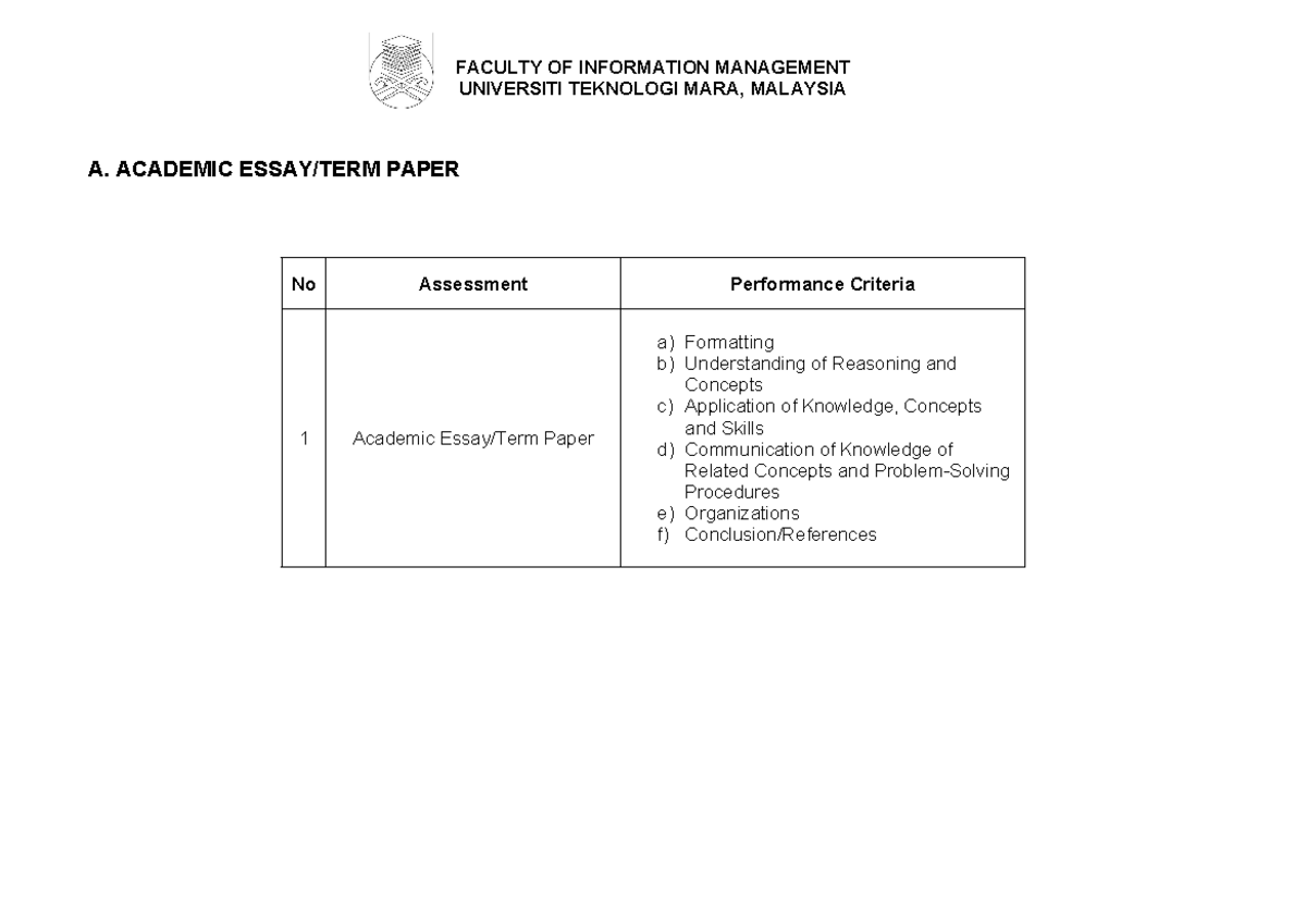 Generic Academic Essay Rubric IMD312 - FACULTY OF INFORMATION ...