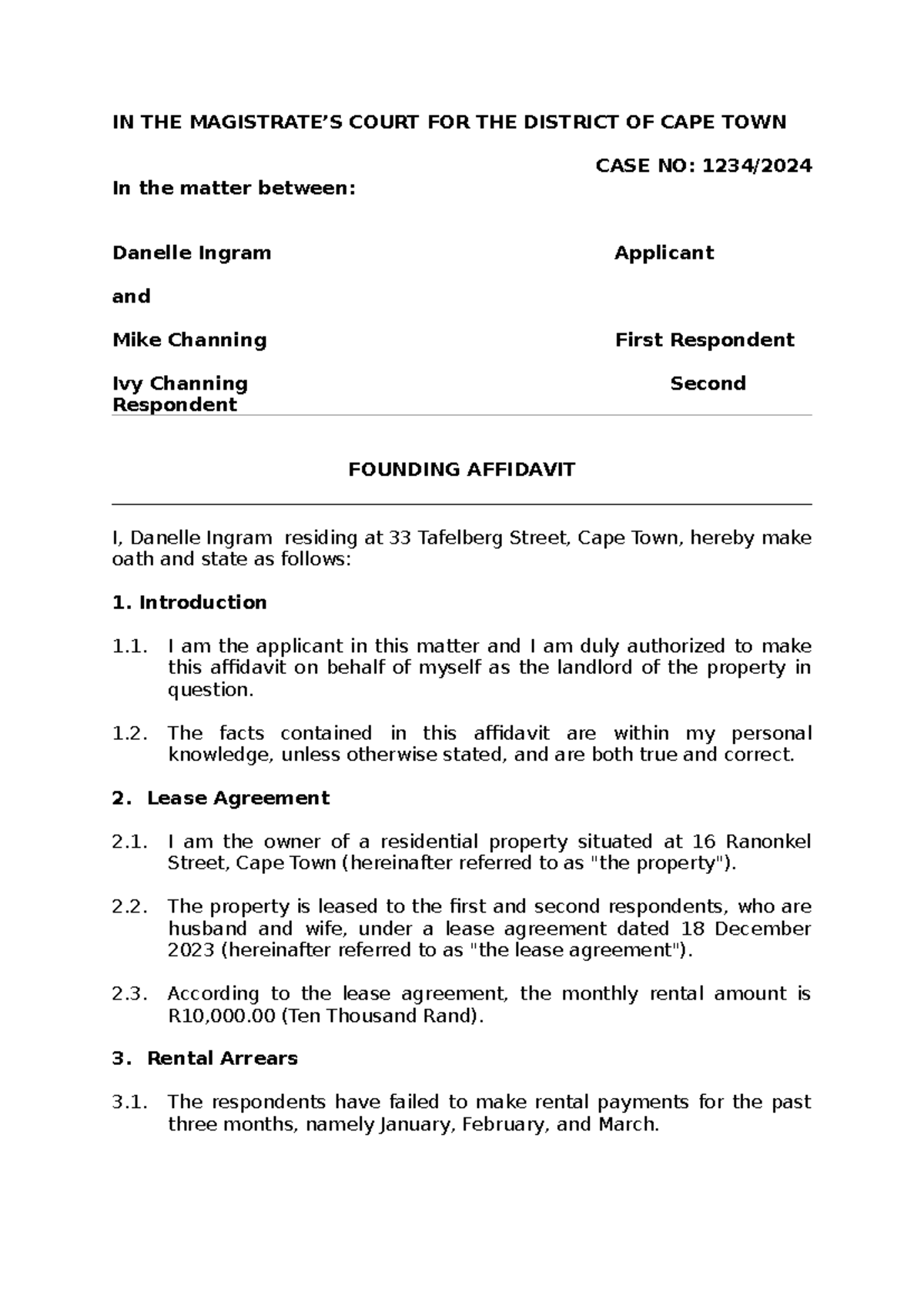 Founding Affidavit - default judgement - IN THE MAGISTRATE’S COURT FOR ...