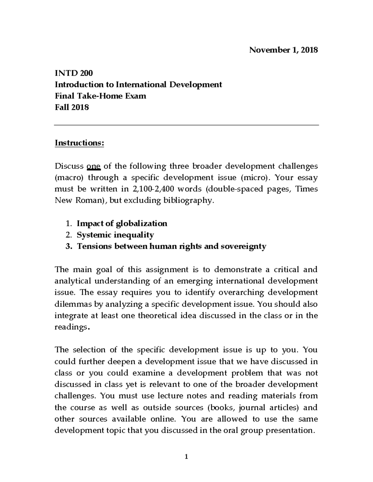 INTD 200 final take home exam Fall 2018 - November 1, 2018 INTD 200 ...