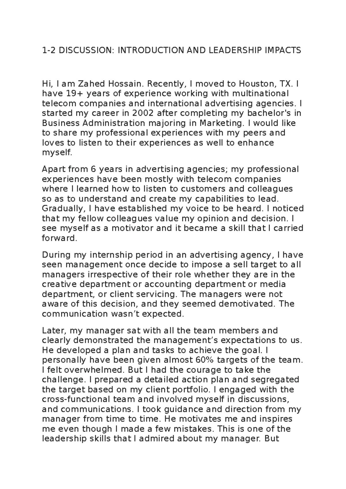 1-2 Discussion- Introduction AND Leadership Impacts - 1-2 DISCUSSION ...