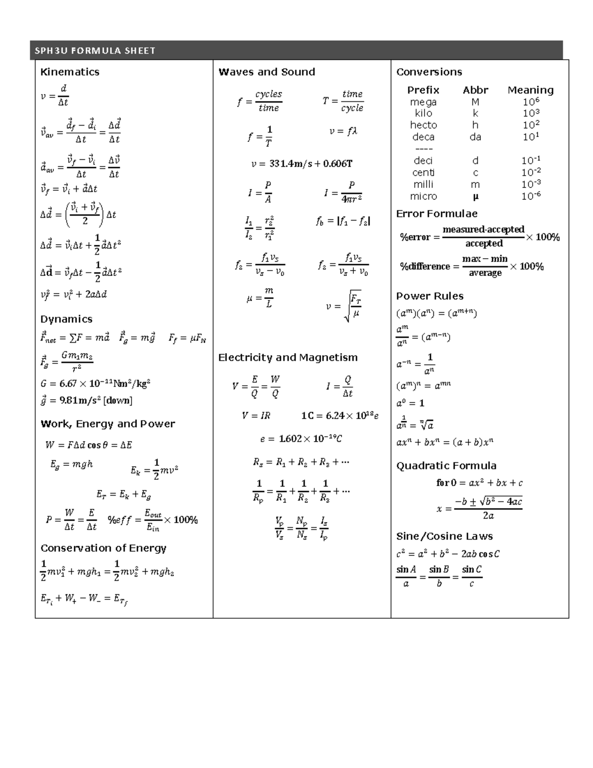 SPH3U Formula Sheet - I need the free trial - SPH3U FORMULA SHEET ...
