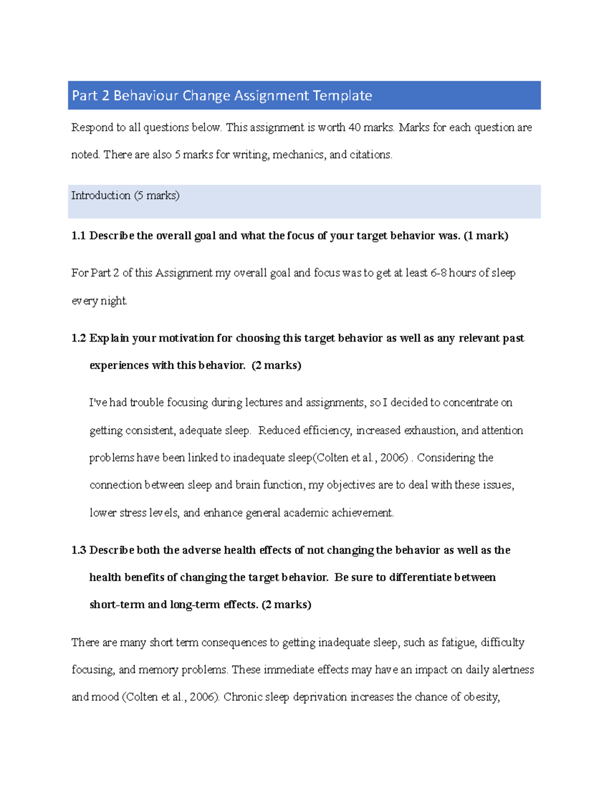 Behaviour change assignment part 2 template - Part 2 Behaviour Change Assignment Template ...