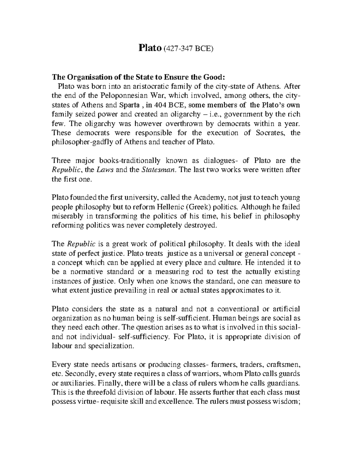 Plato, Classical Political Philosophy - Plato (427-347 BCE) The ...