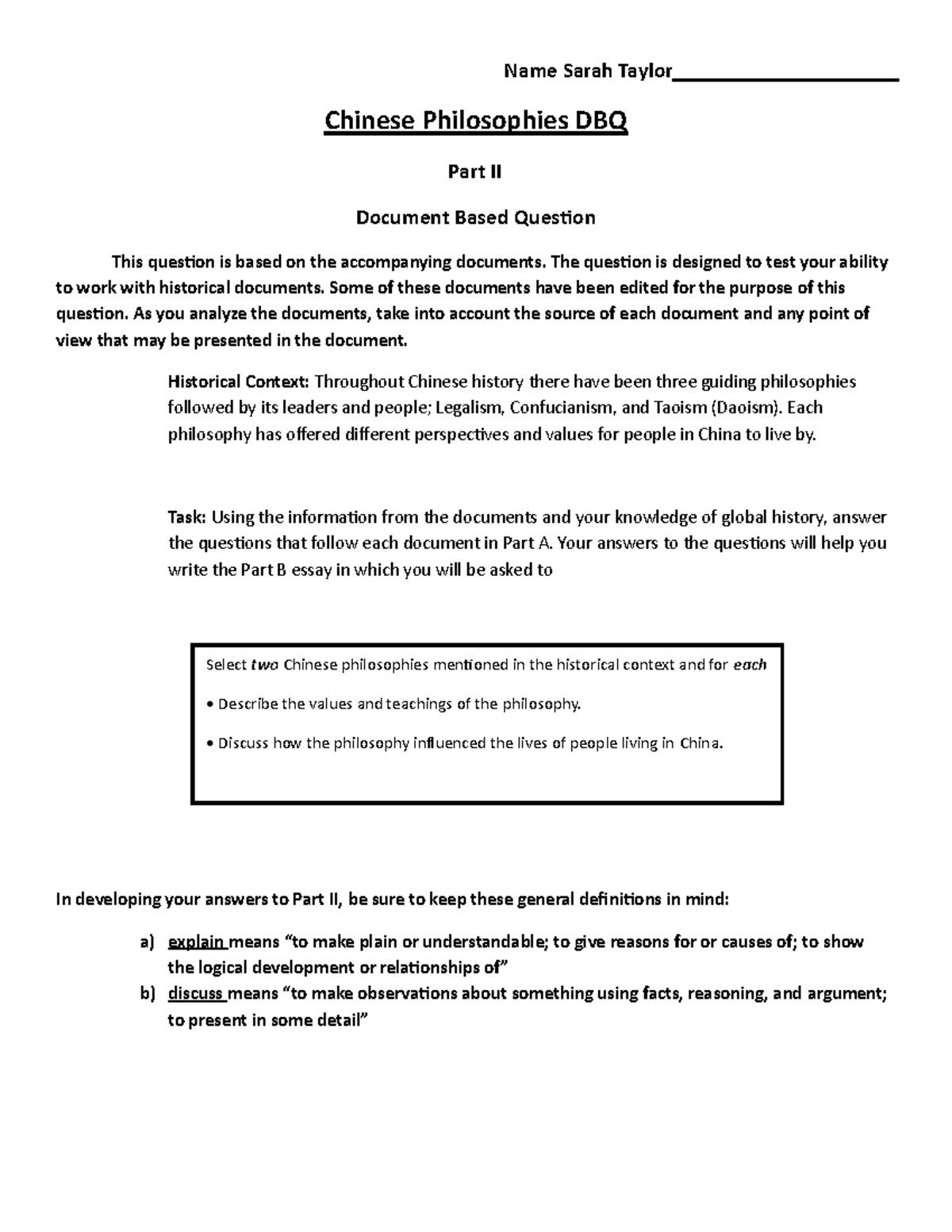 Chinese philosophies Document Based Question - gyh999 - Studocu