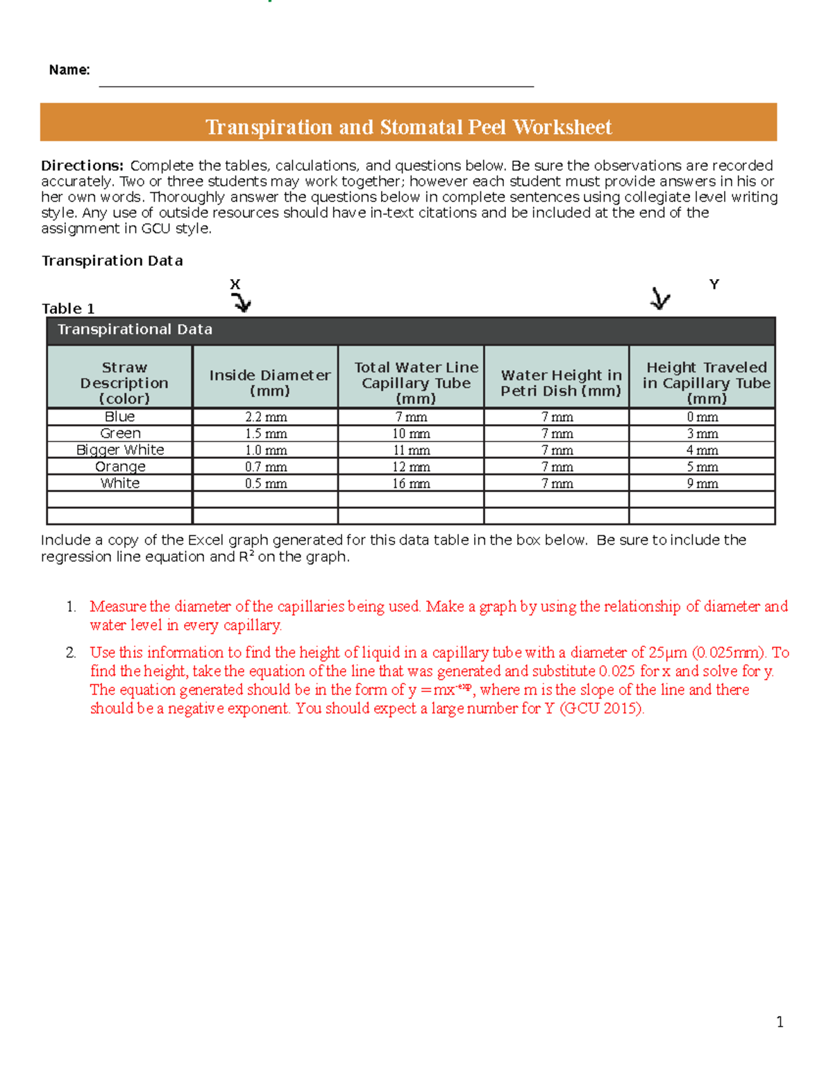 Transpiration and Stomatal Peel Lab5 - Directions: Complete the tables, calculations, and ...
