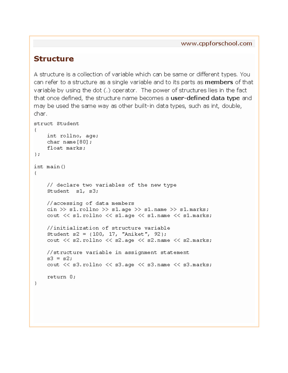 Chapter 15 Structure Mr Ali Ahmed Cppforschool Structure A Structure Is A Collection Of