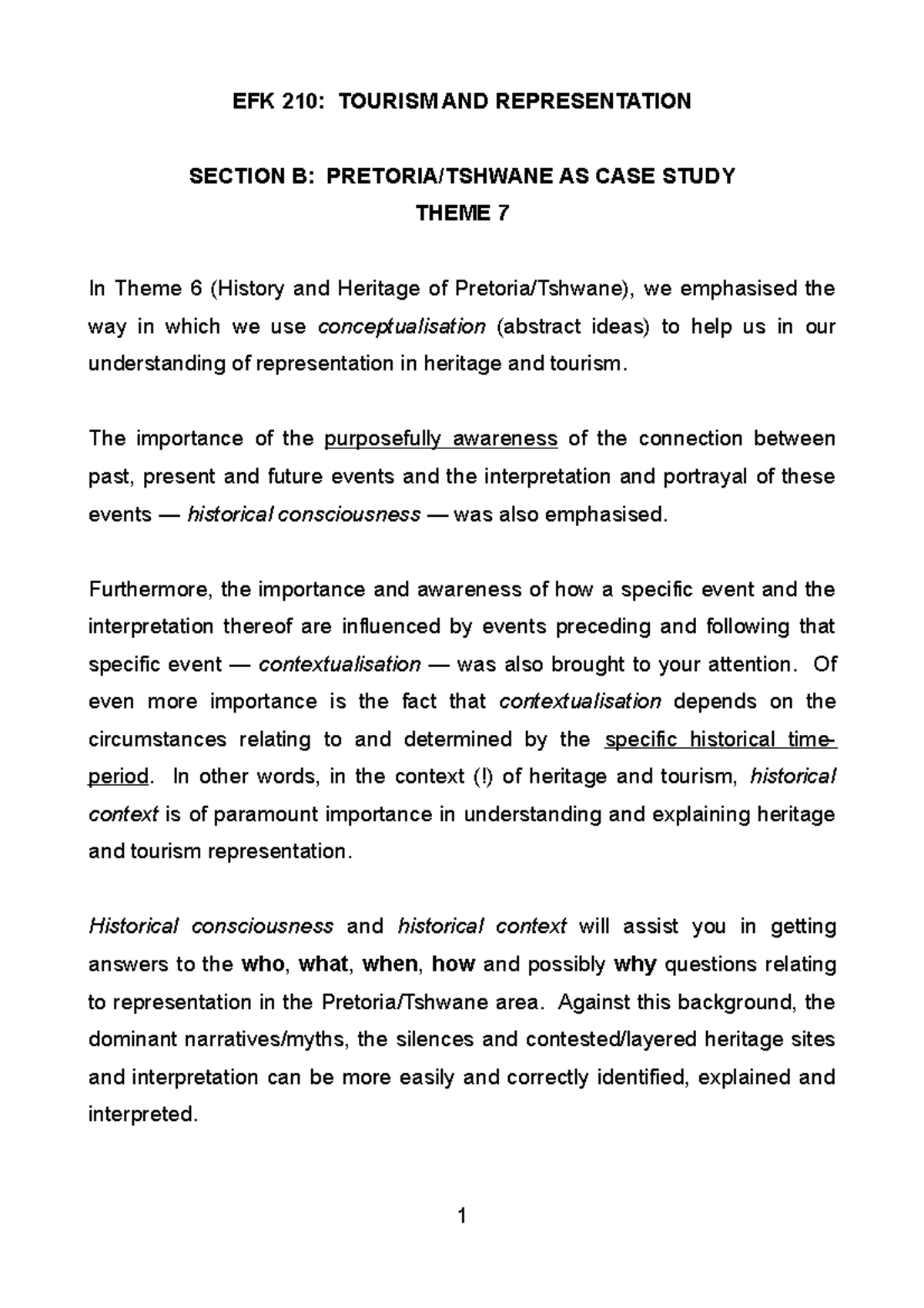 EFK210Theme 7Hand Out 2019 - EFK 210: TOURISM AND REPRESENTATION ...