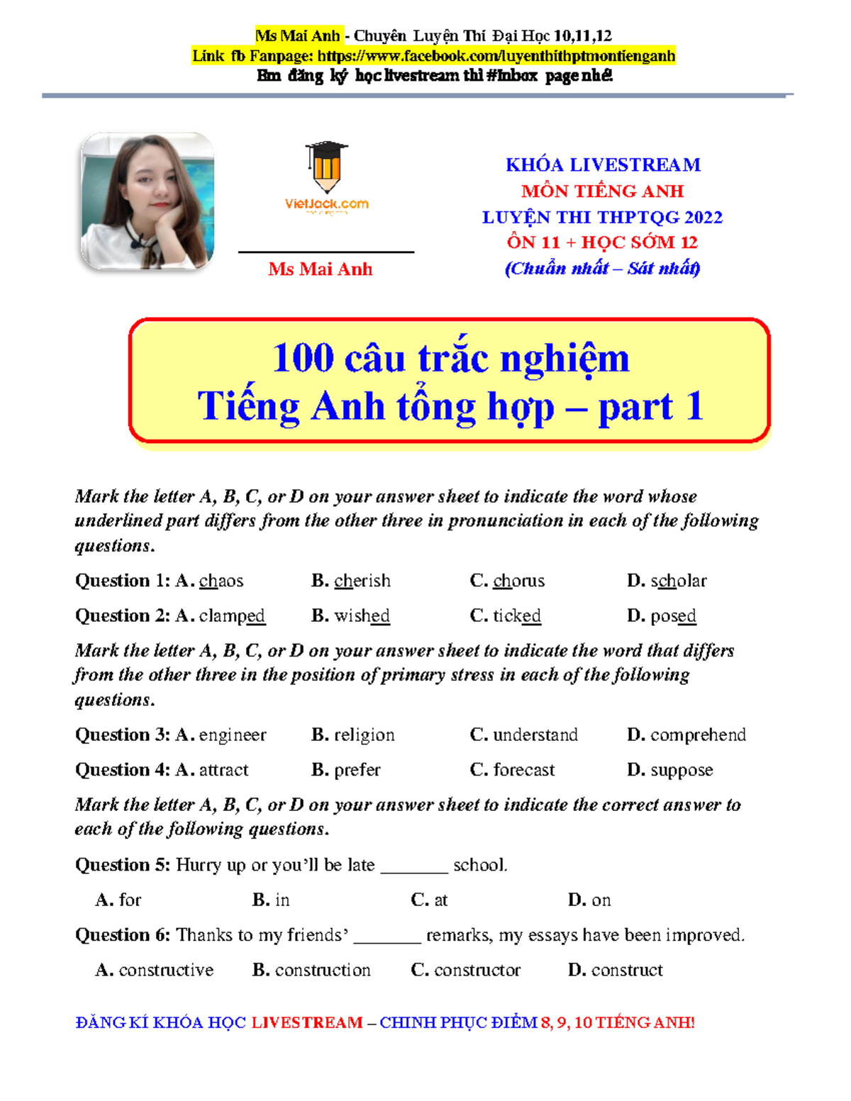 100 câu TN tổng hợp p1 - fesgsefqefawf - Link fb Fanpage: facebook/luyenthithptmontienganh Em ...