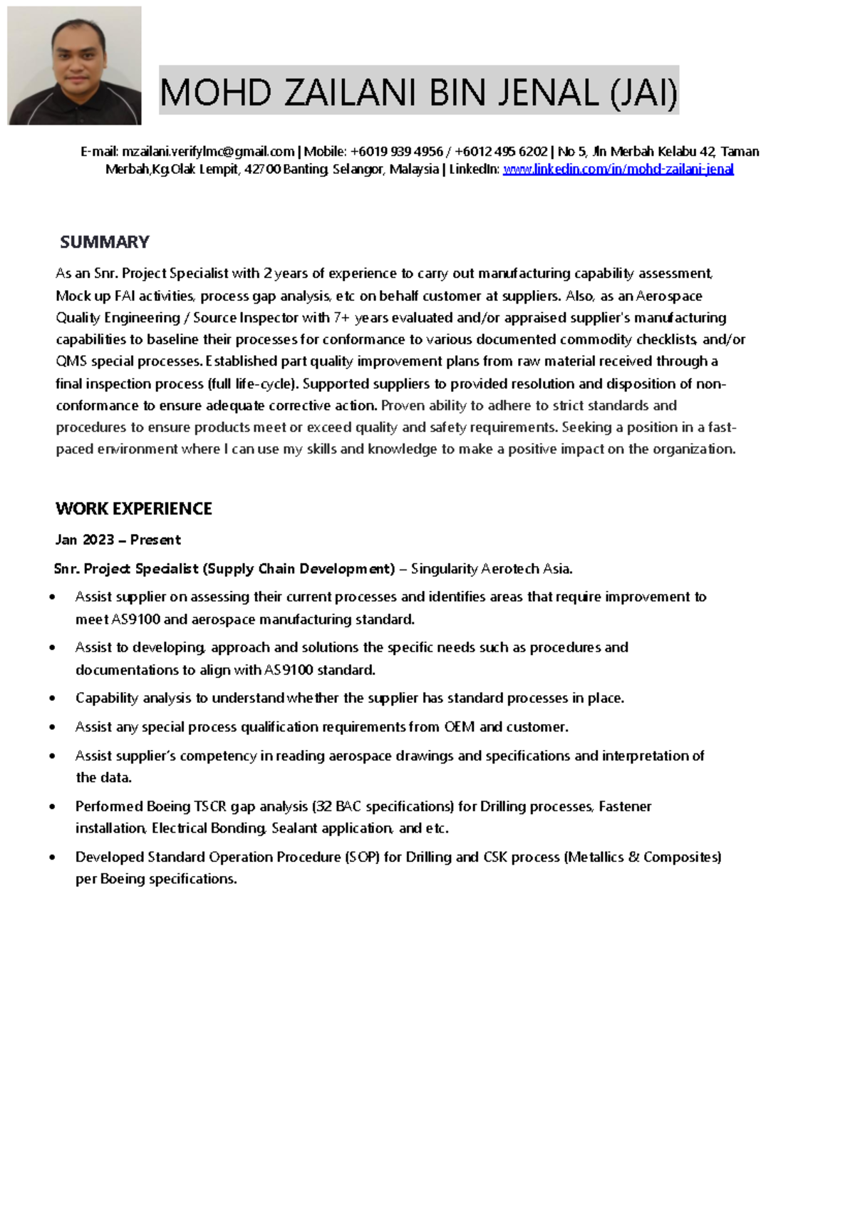 CV Mohd Zailani Bin Jenal updated 21 Apr 2024 - MOHD ZAILANI BIN JENAL (JAI) E-mail: mzailani ...