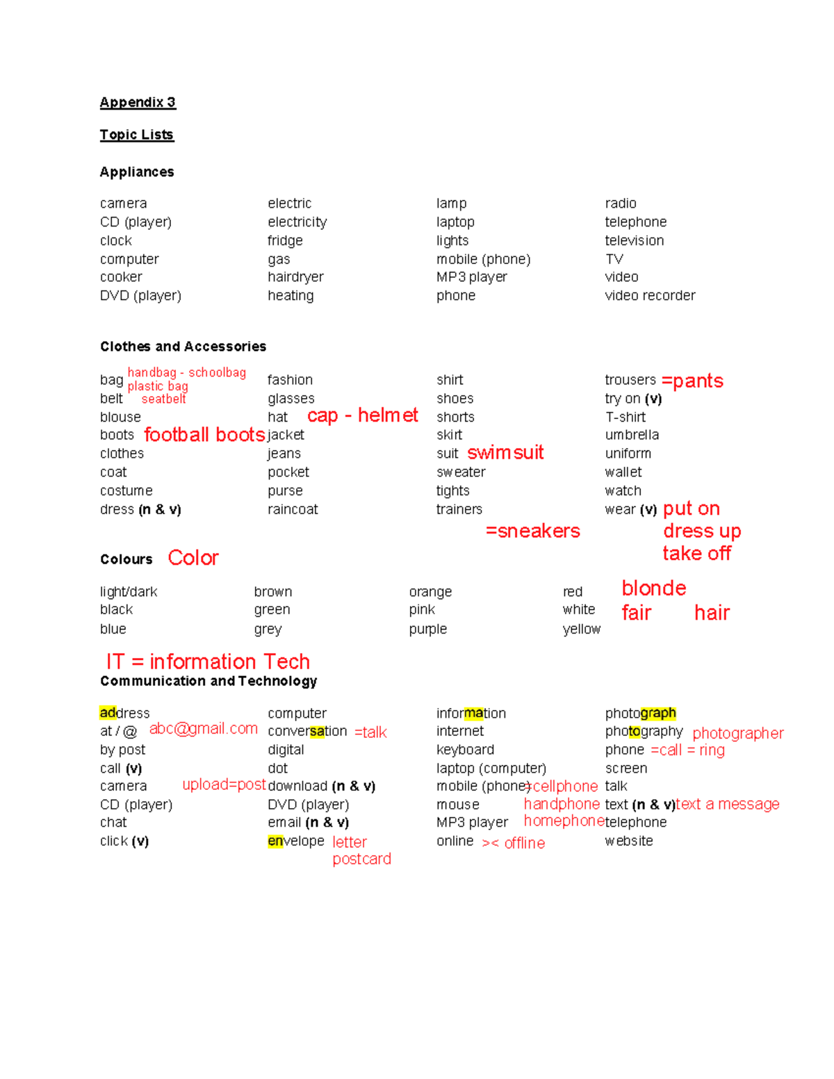 KET Vocab - Appendix 3 Topic Lists Appliances camera electric lamp ...