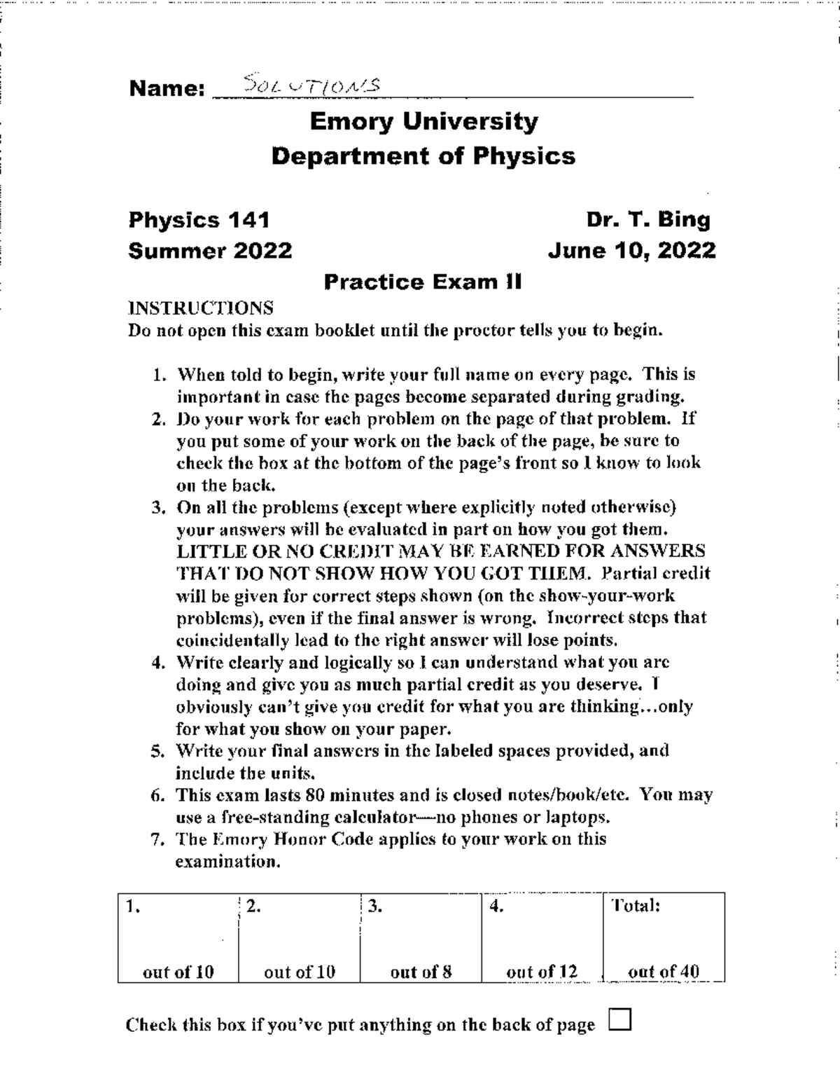 Exam2Practice Solutions - PHYS 141 - Studocu