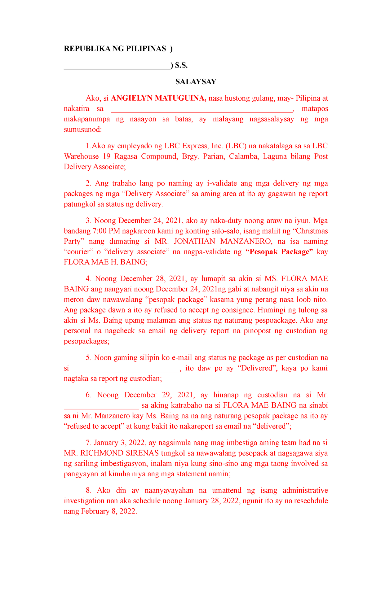 Salaysay Angielyn Matuguina - REPUBLIKA NG PILIPINAS ...