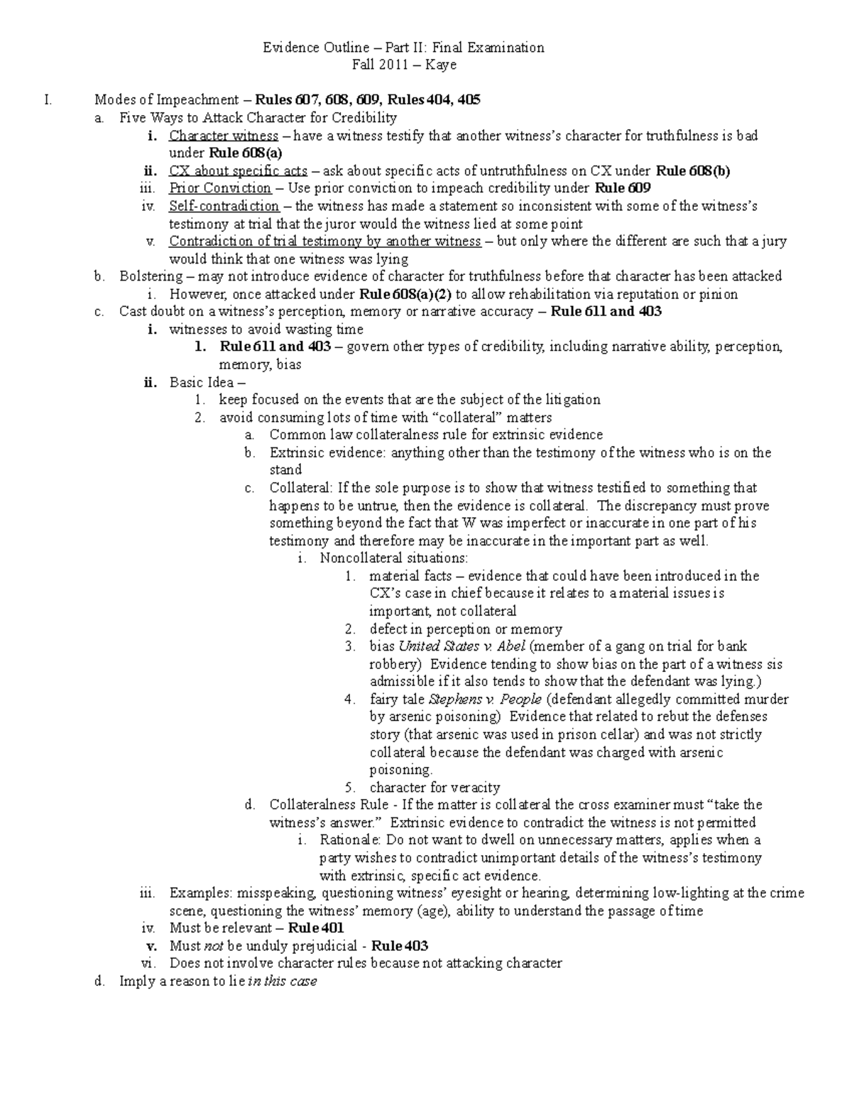 Evidence Outline - Modes of Impeachment – Rules 607, 608, 609, Rules ...