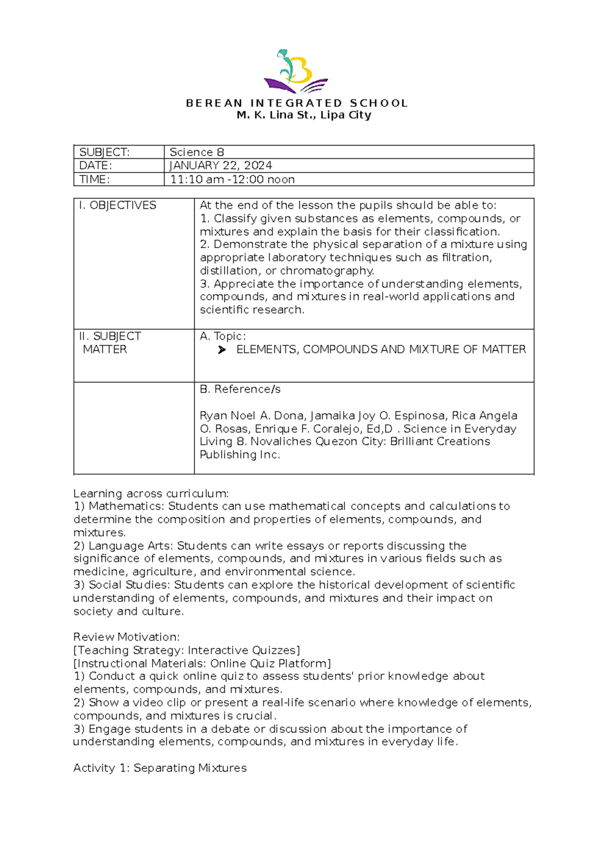 1.1 Elements, Compounds AND Mixture OF Matter - B E R E A N I N T E G R ...