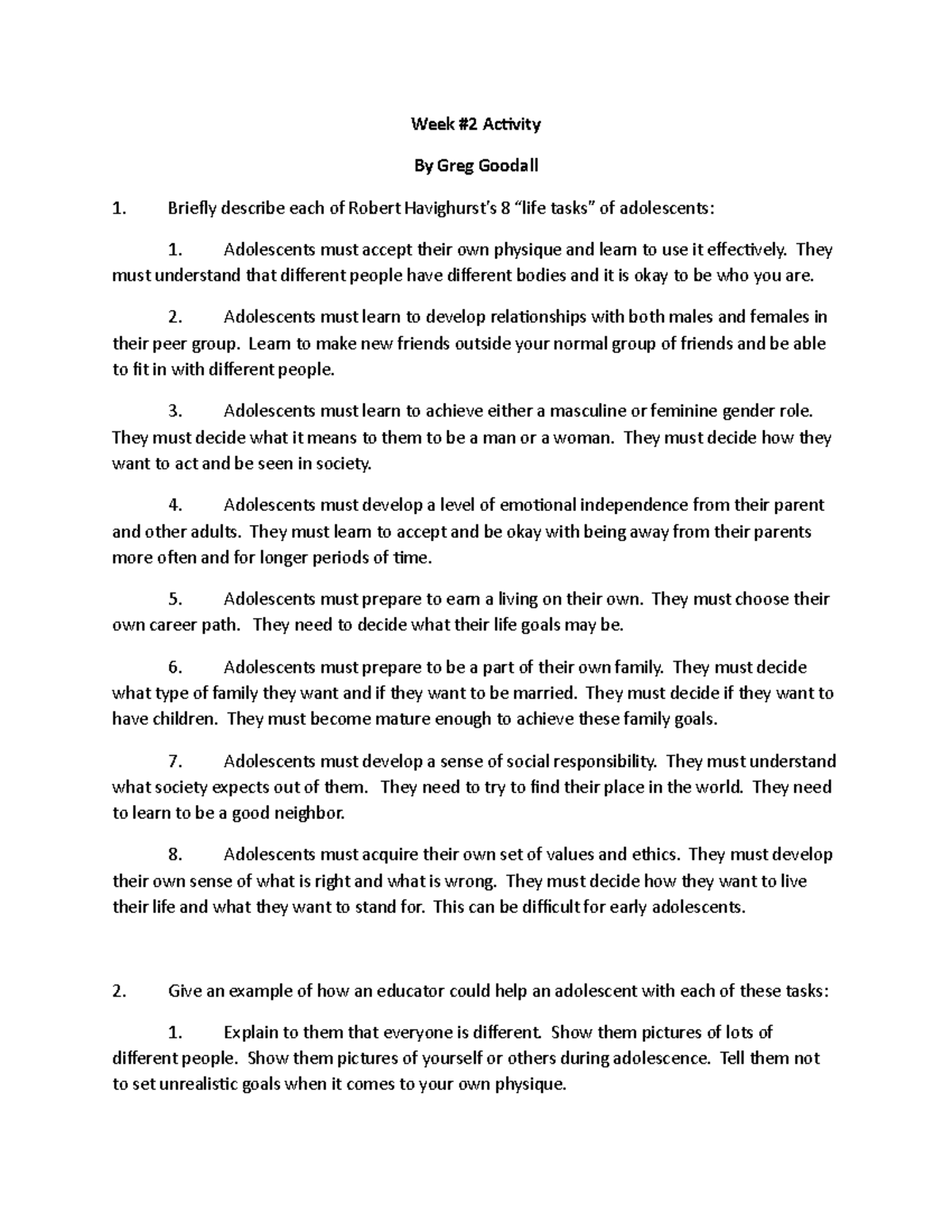 Epy707Week #2 Activity The Assignment on Havighursts 8 life tasks ...