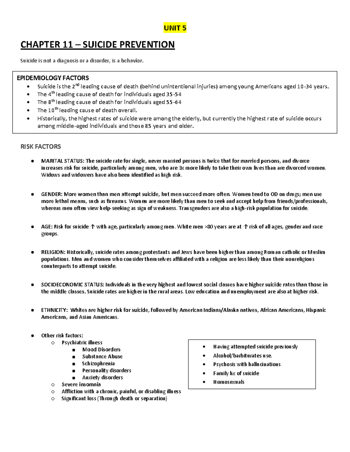 UNIT 5 - Great - UNIT 5 CHAPTER 11 – SUICIDE PREVENTION Suicide is not ...