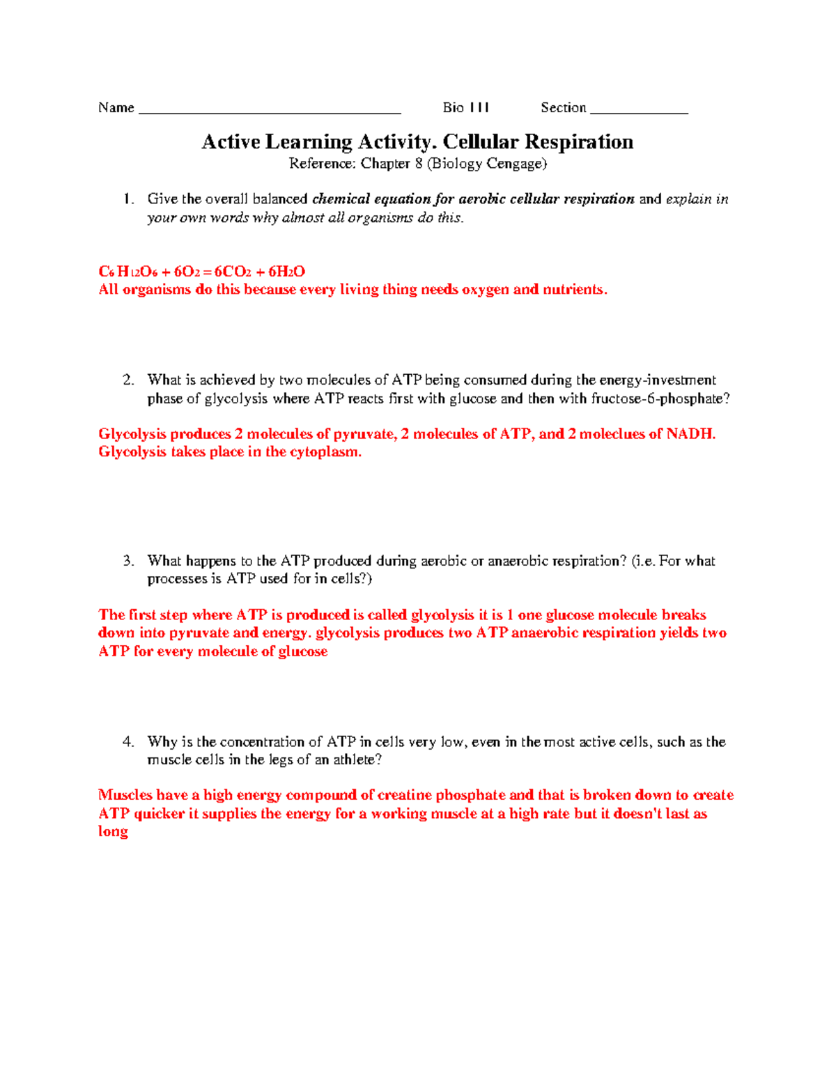 Cell Respiration activity- Bio 111 - Name ...