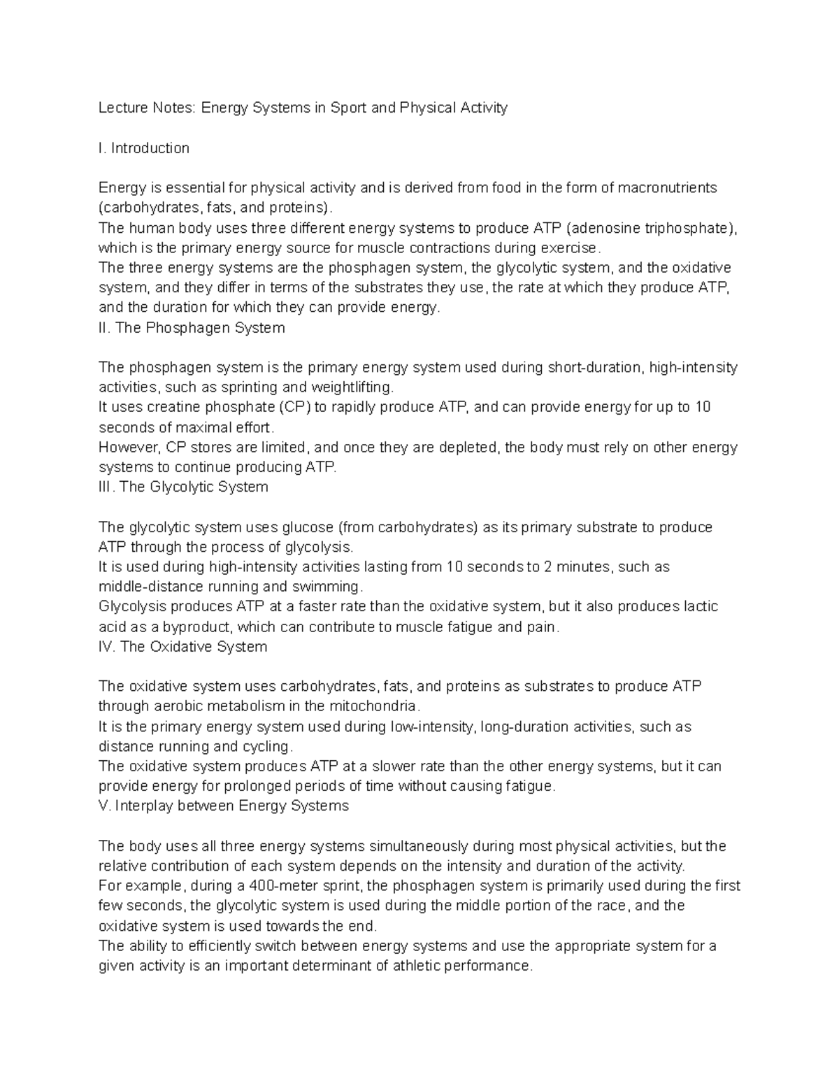 Lecture Notes Energy Systems in Sport and Physical Activity ...