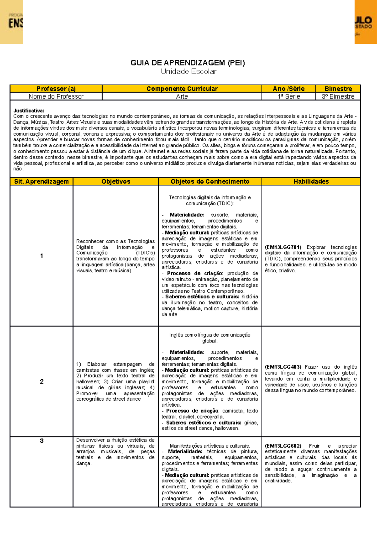 1ª Série - ARTE - ATIVIDADES PREPARATORIA PARA UMA AULA - GUIA DE ...