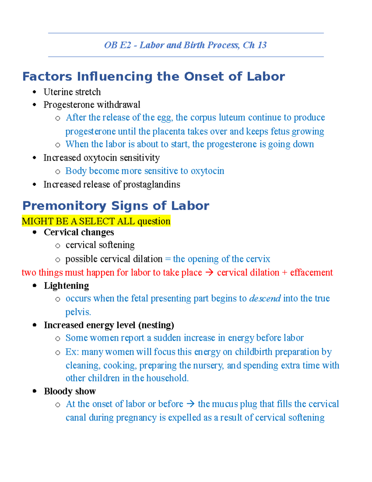 OB E2 - Labor and Childbirth - OB E2 - Labor and Birth Process, Ch 13 ...