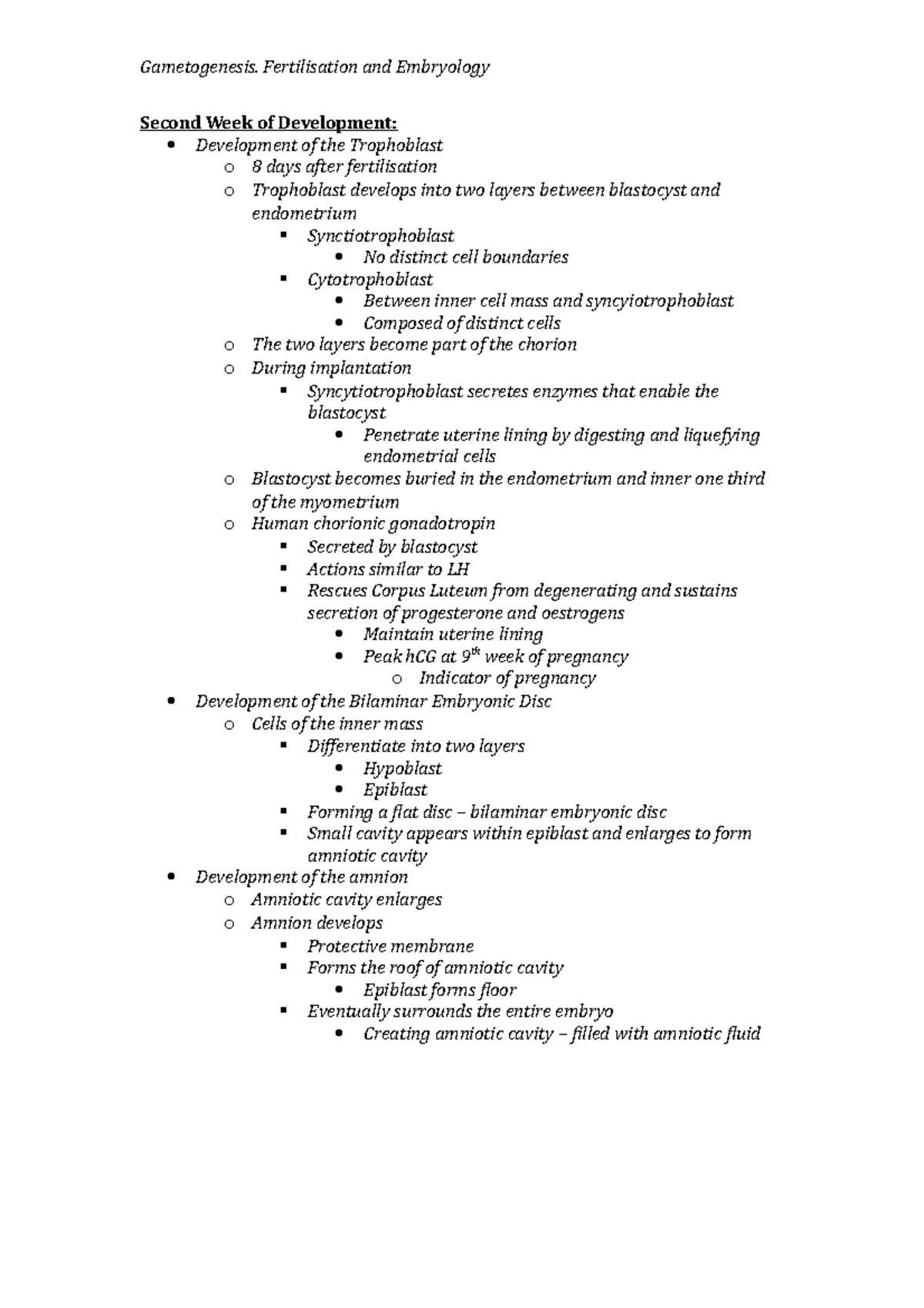 Embrionic Second Week of Development Lecture Notes - Gametogenesis ...