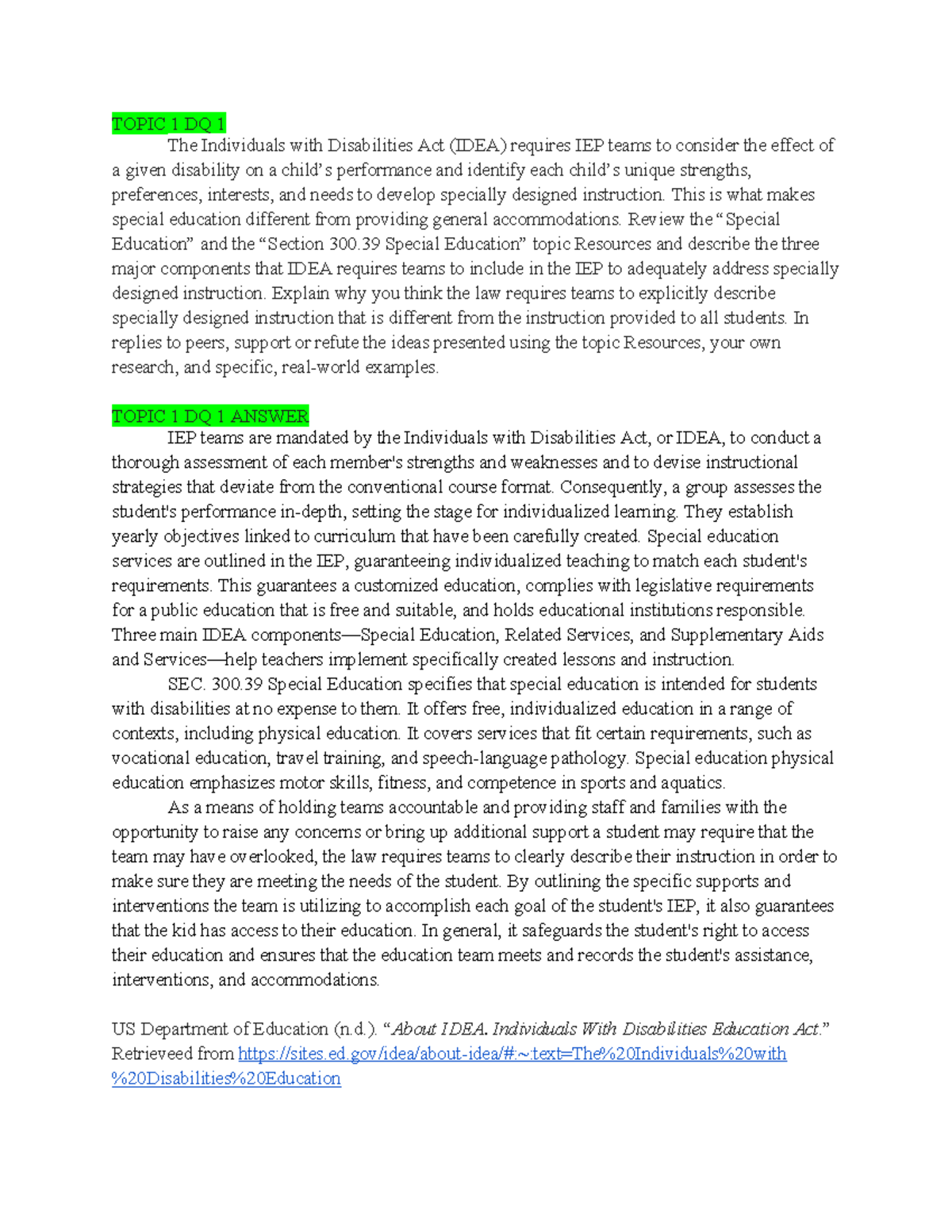 SPD 500 Topic 1 DQ 1 - TOPIC 1 DQ 1 The Individuals with Disabilities ...