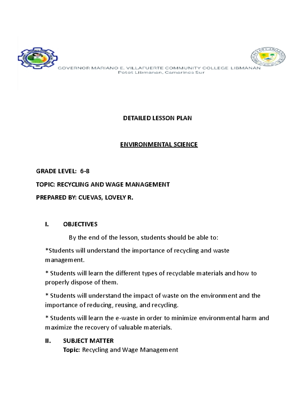 Detailedlessonplancuevas - DETAILED LESSON PLAN ENVIRONMENTAL SCIENCE ...