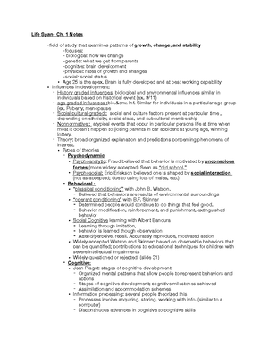 Life Span and Development Test 1 Notes - Life Span and Development ...