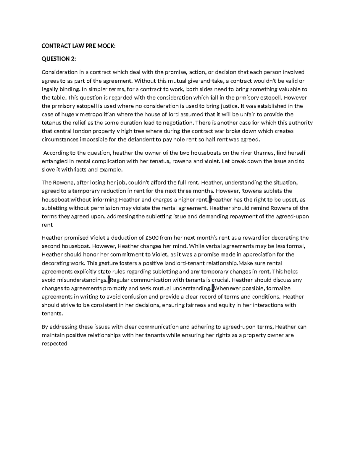 Contract LAW PRE MOCK - note - CONTRACT LAW PRE MOCK: QUESTION 2 ...