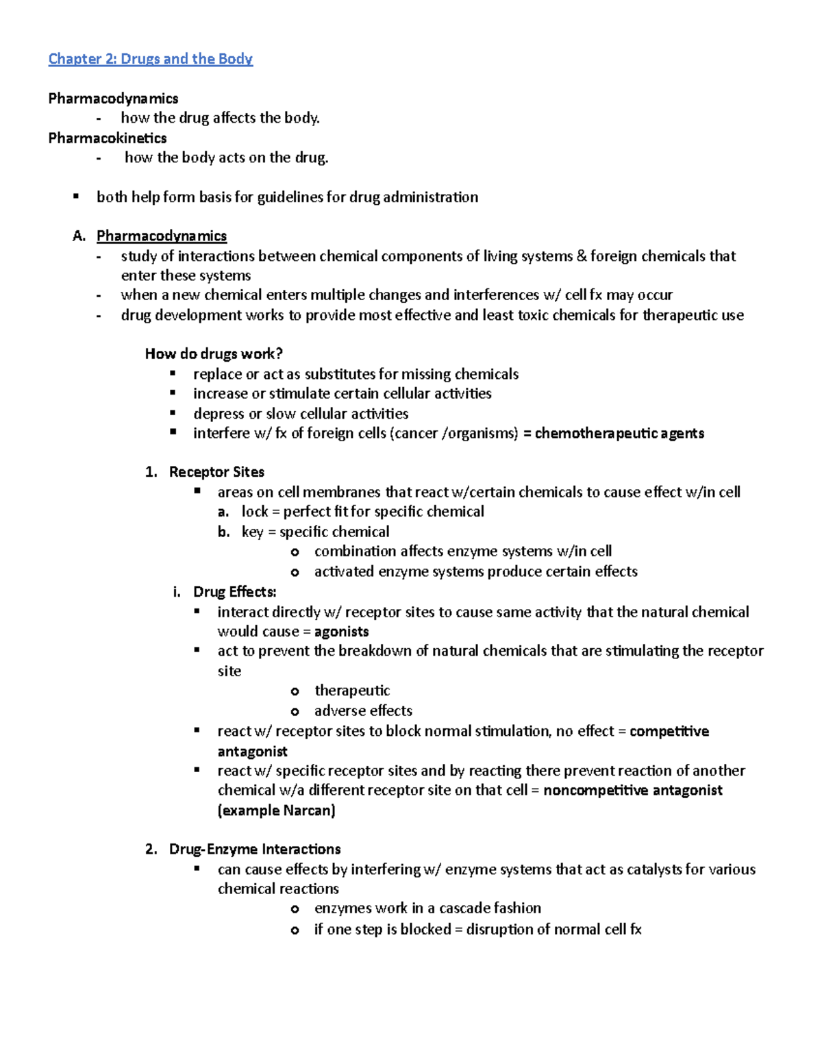 NUR103-Lecture Outline Chapter 2 (Winter 2022) - Chapter 2: Drugs and the Body Pharmacodynamics ...
