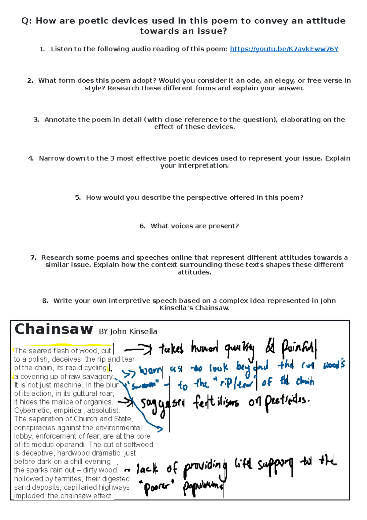 John Kinsella Chainsaw poem interpretive speech activity - Q: How are ...