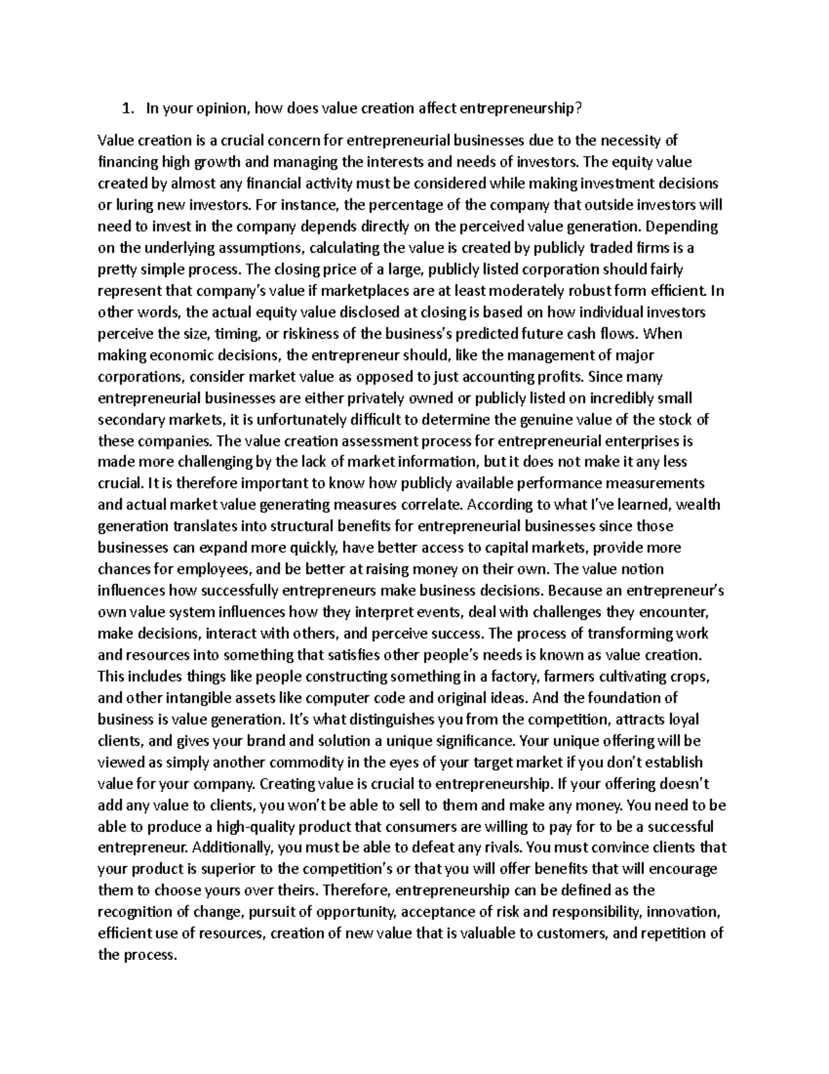 02 Activity 2 Entrepreneurial - In your opinion, how does value ...