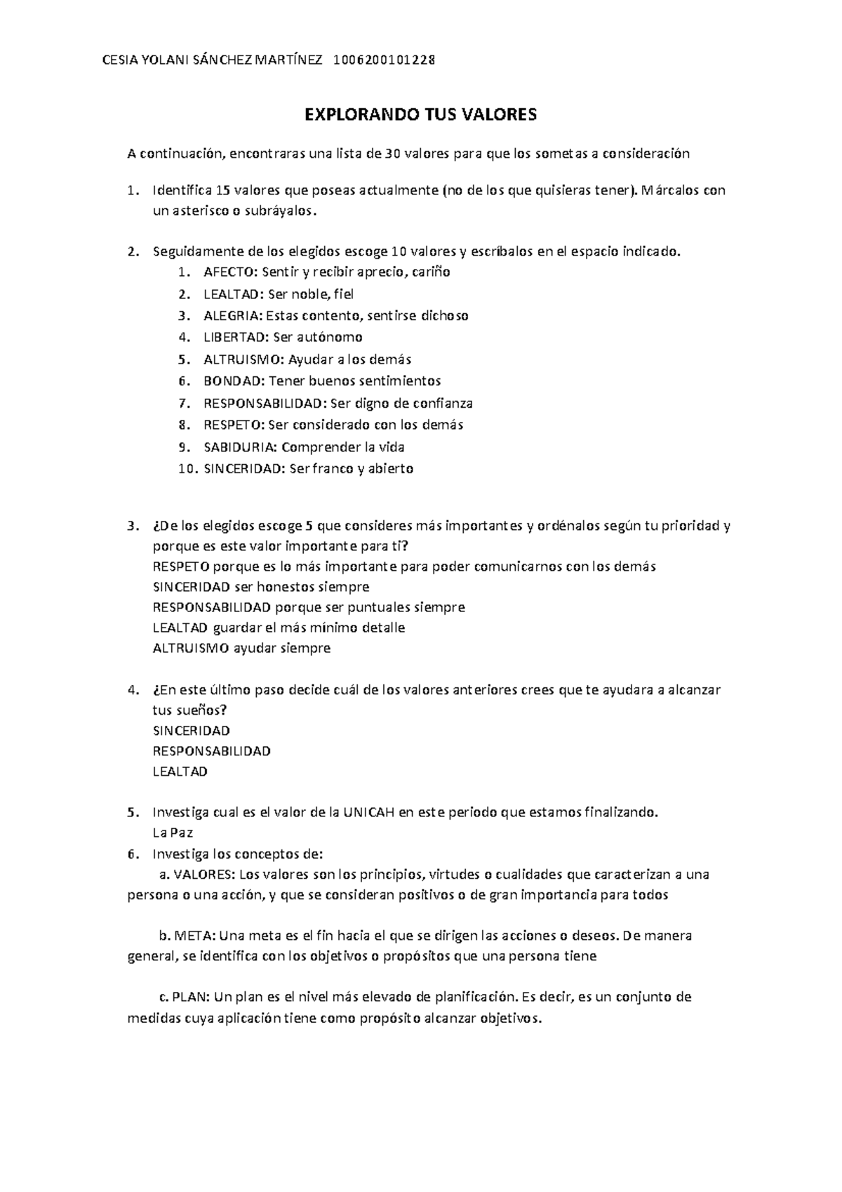 Tarea de Valores - EXPLORANDO TUS VALORES A continuación, encontraras ...