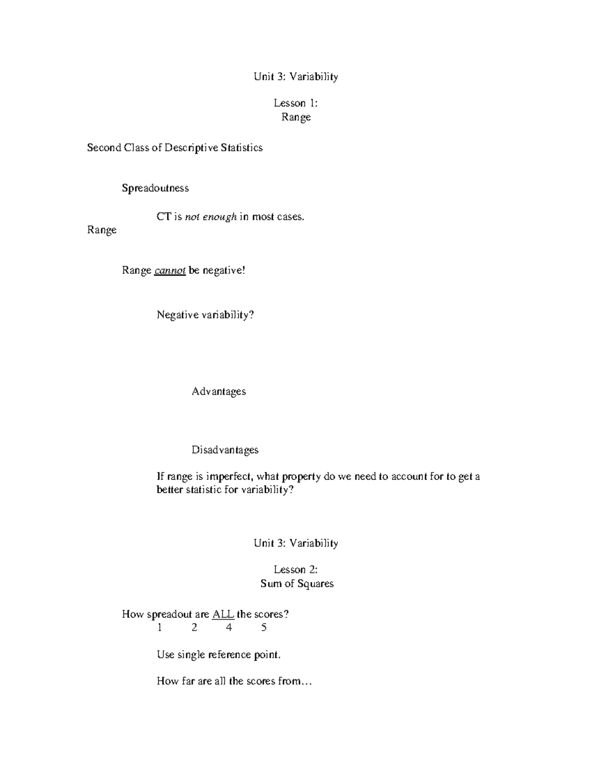 Unit 3 Outline for Notes - Unit 3: Variability Lesson 1: Range Second ...